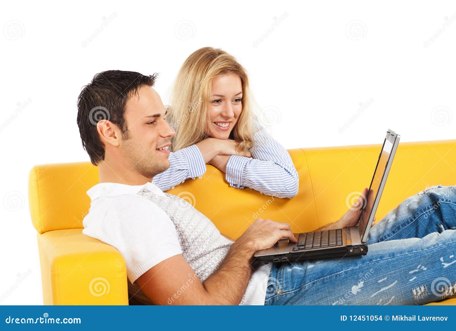 Happy Couple with Laptop Computer Stock Photo - Image of casual, couple ...