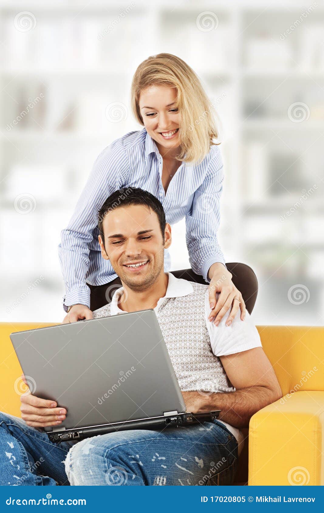 Happy Couple with Laptop Computer Stock Image - Image of couch ...