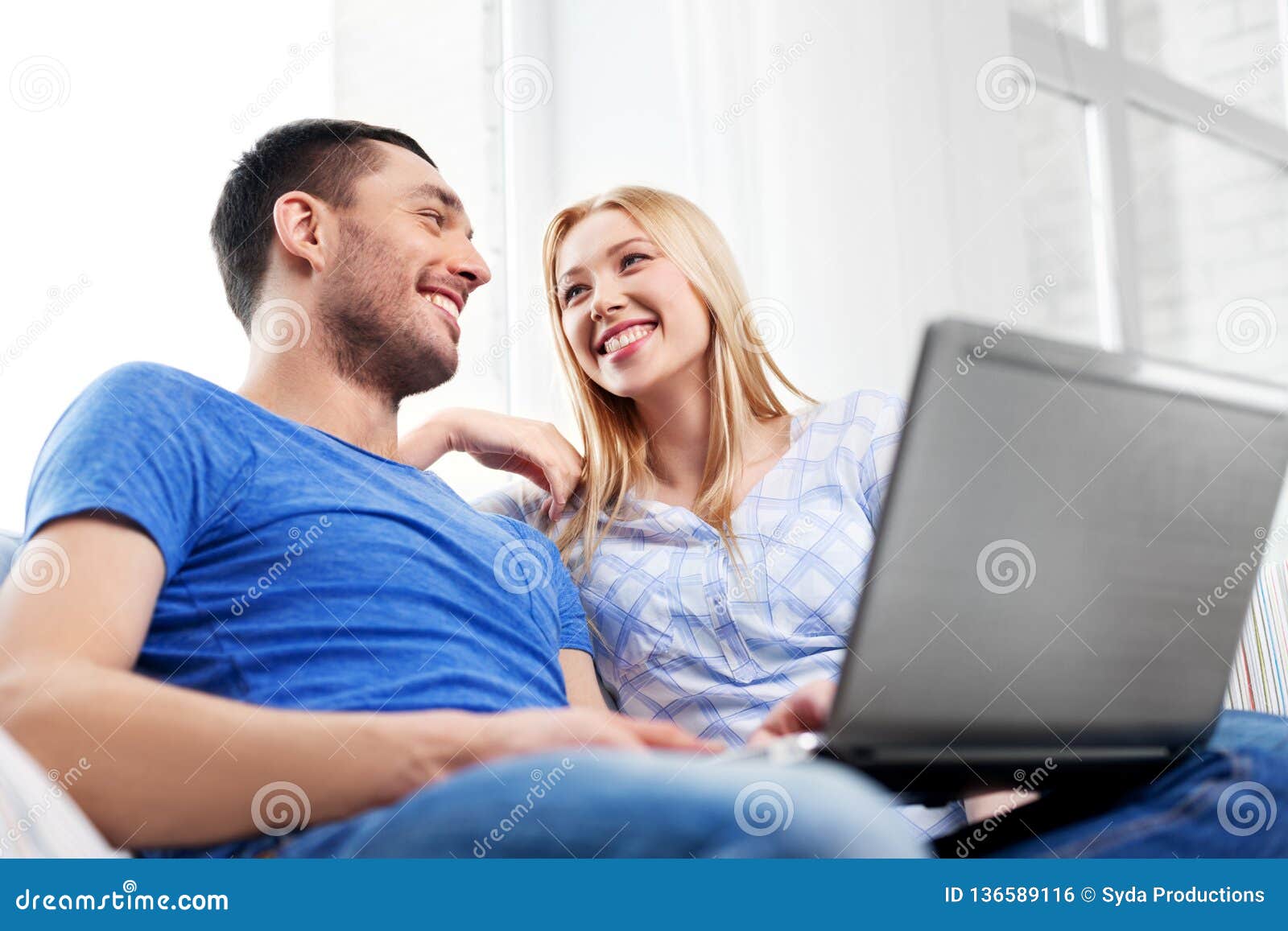 Happy Couple with Laptop Computer at Home Stock Photo - Image of ...