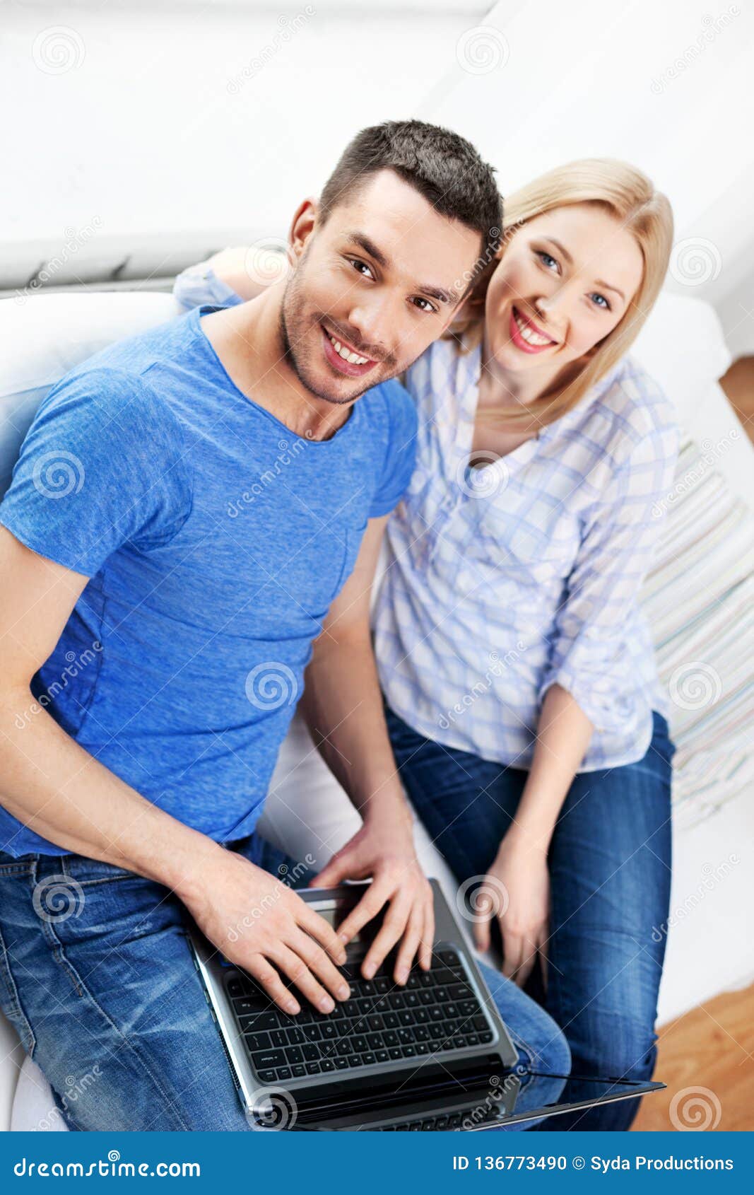 Happy Couple with Laptop Computer at Home Stock Photo - Image of sofa ...