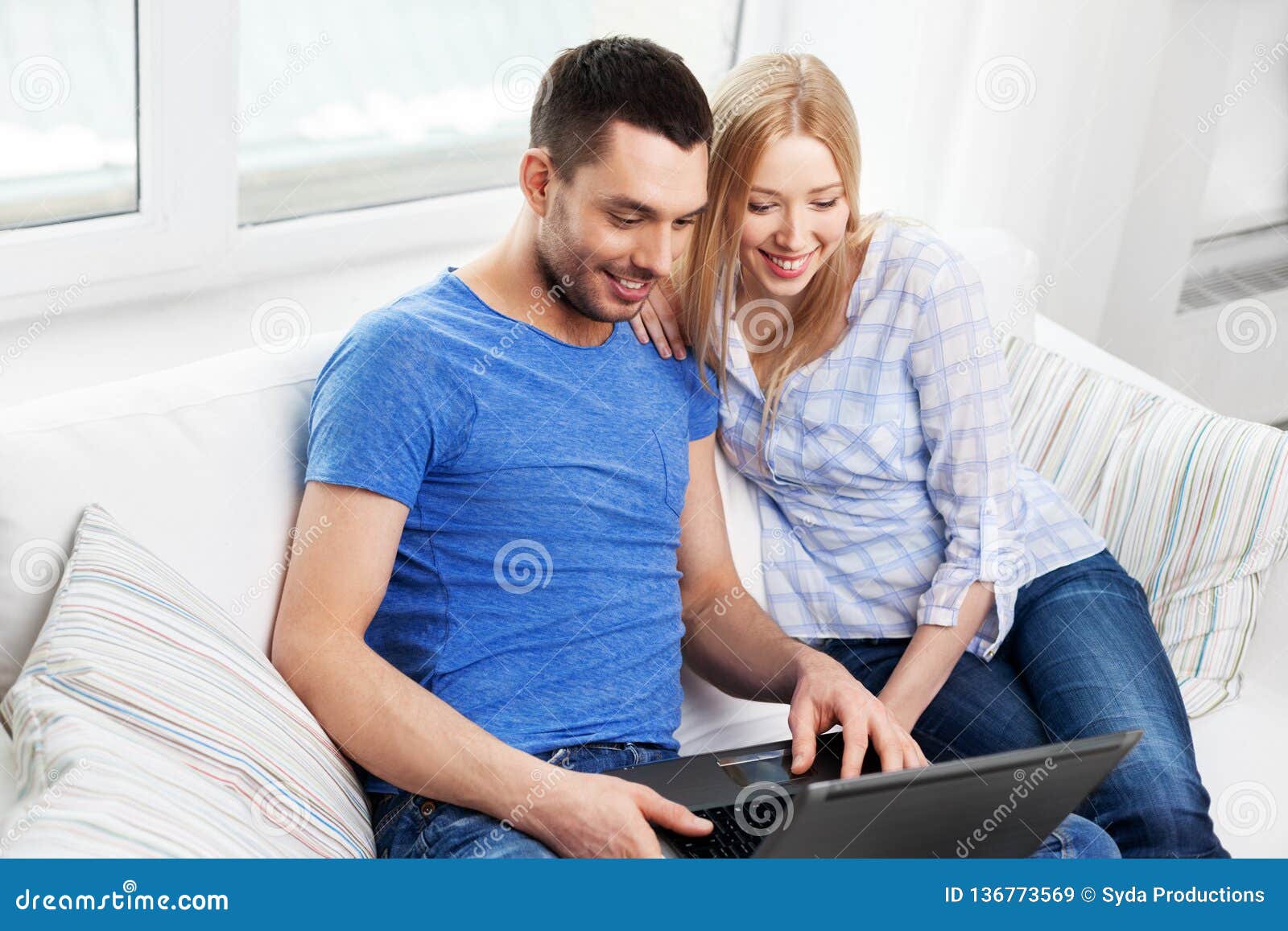 Happy Couple with Laptop Computer at Home Stock Image - Image of ...