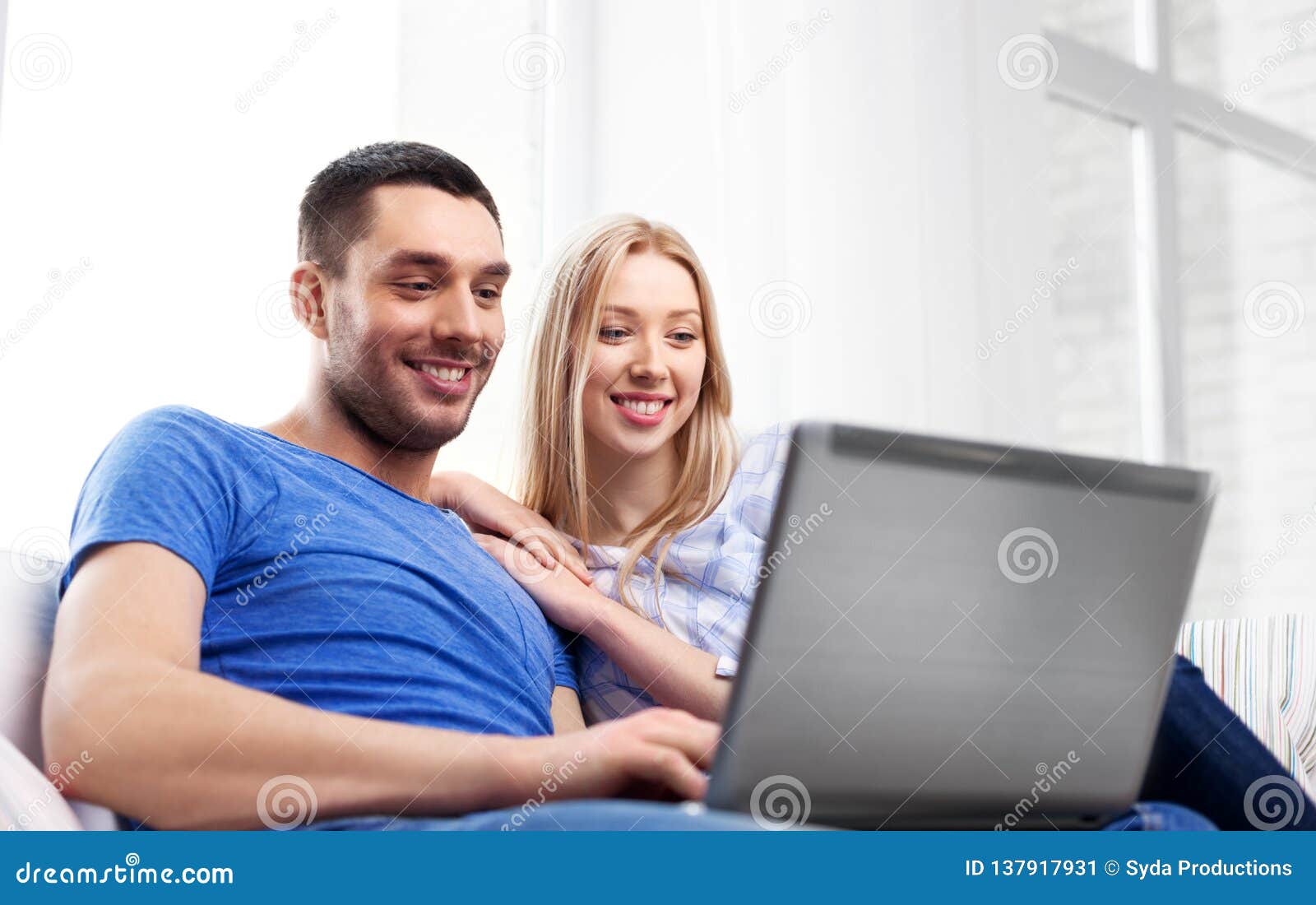Happy Couple with Laptop Computer at Home Stock Image - Image of typing ...