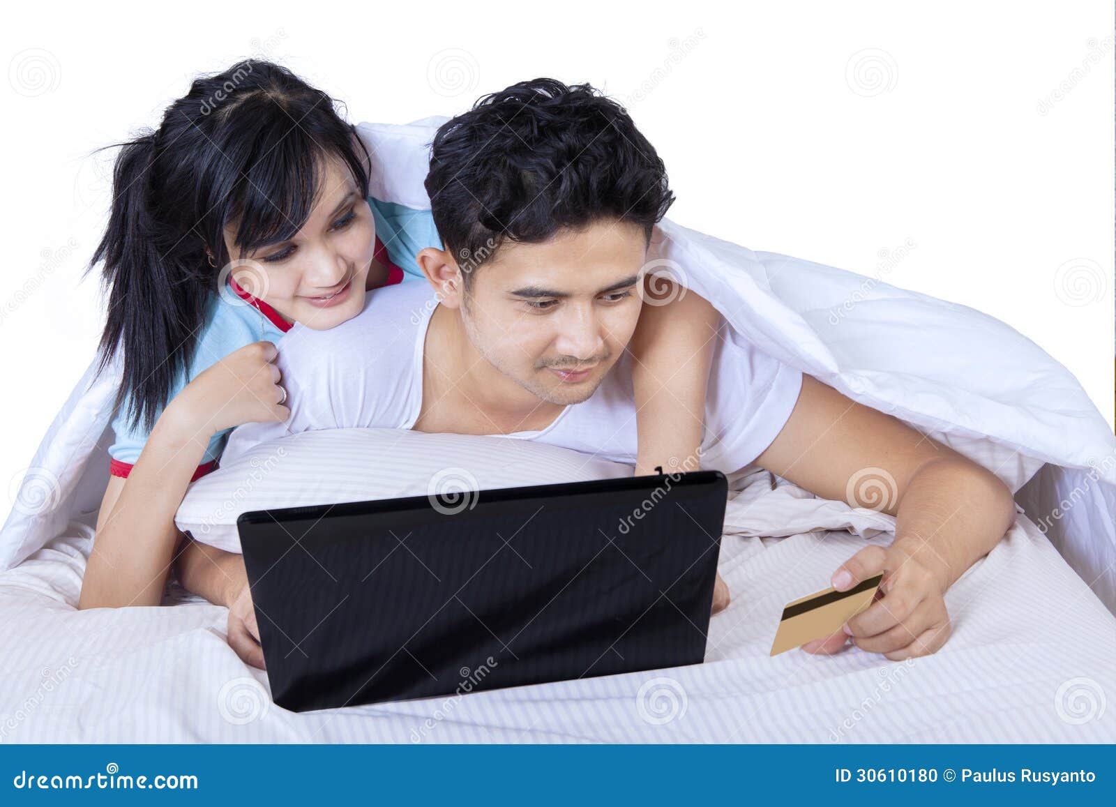 Happy Couple and Laptop - Isolated Stock Photo - Image of grey, awake ...
