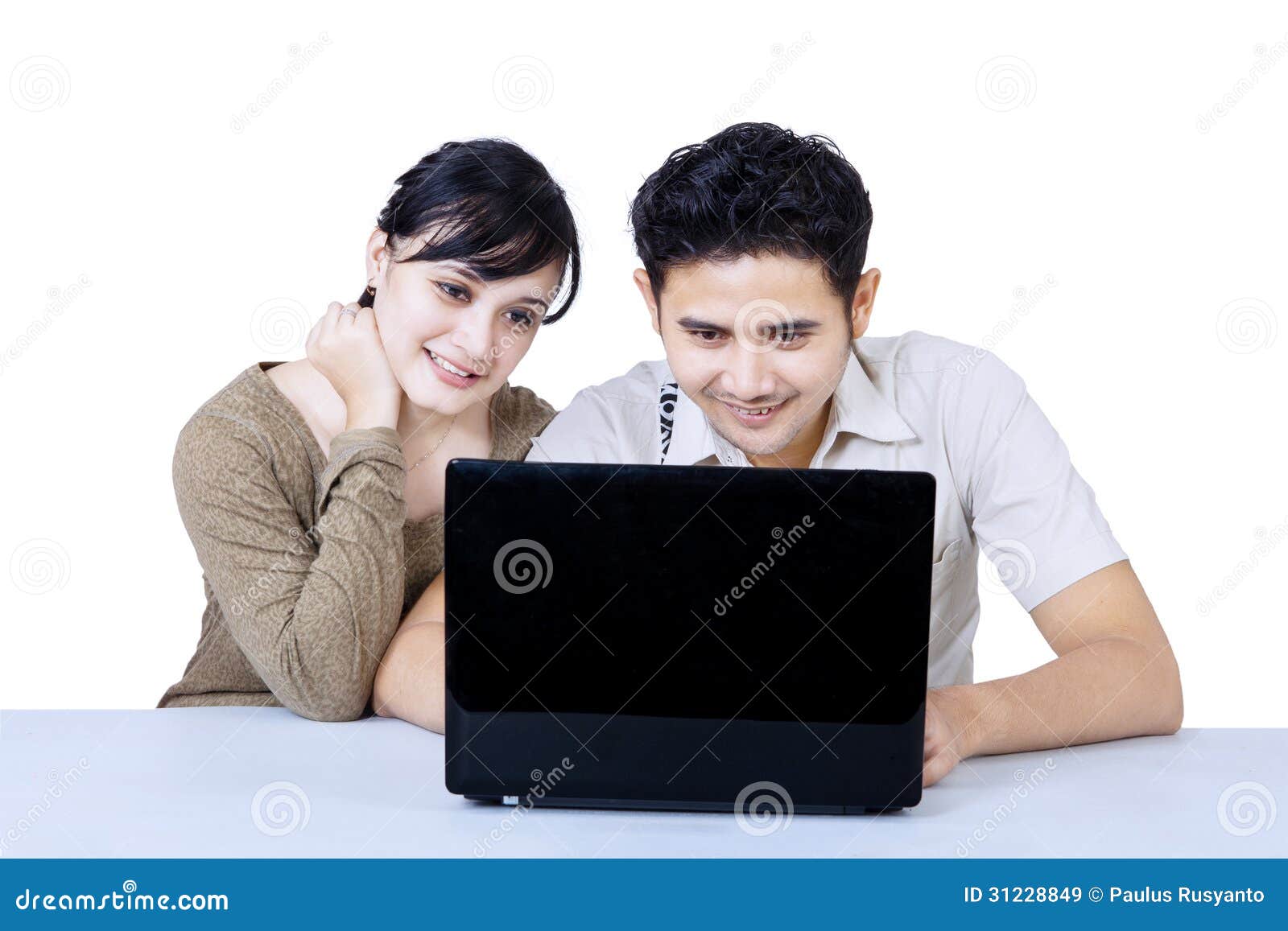 Happy Couple Looking at Laptop - Isolated Stock Image - Image of female ...