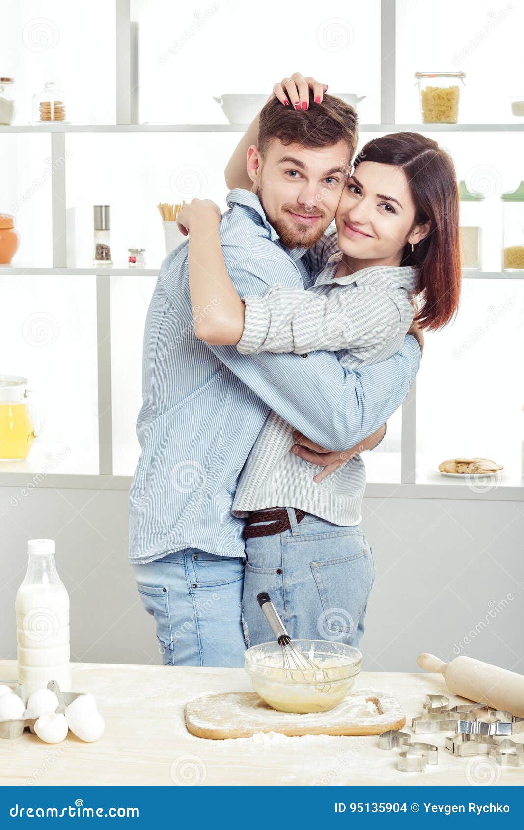 Happy Couple in Love Cooking Dough in Kitchen Stock Photo - Image of ...