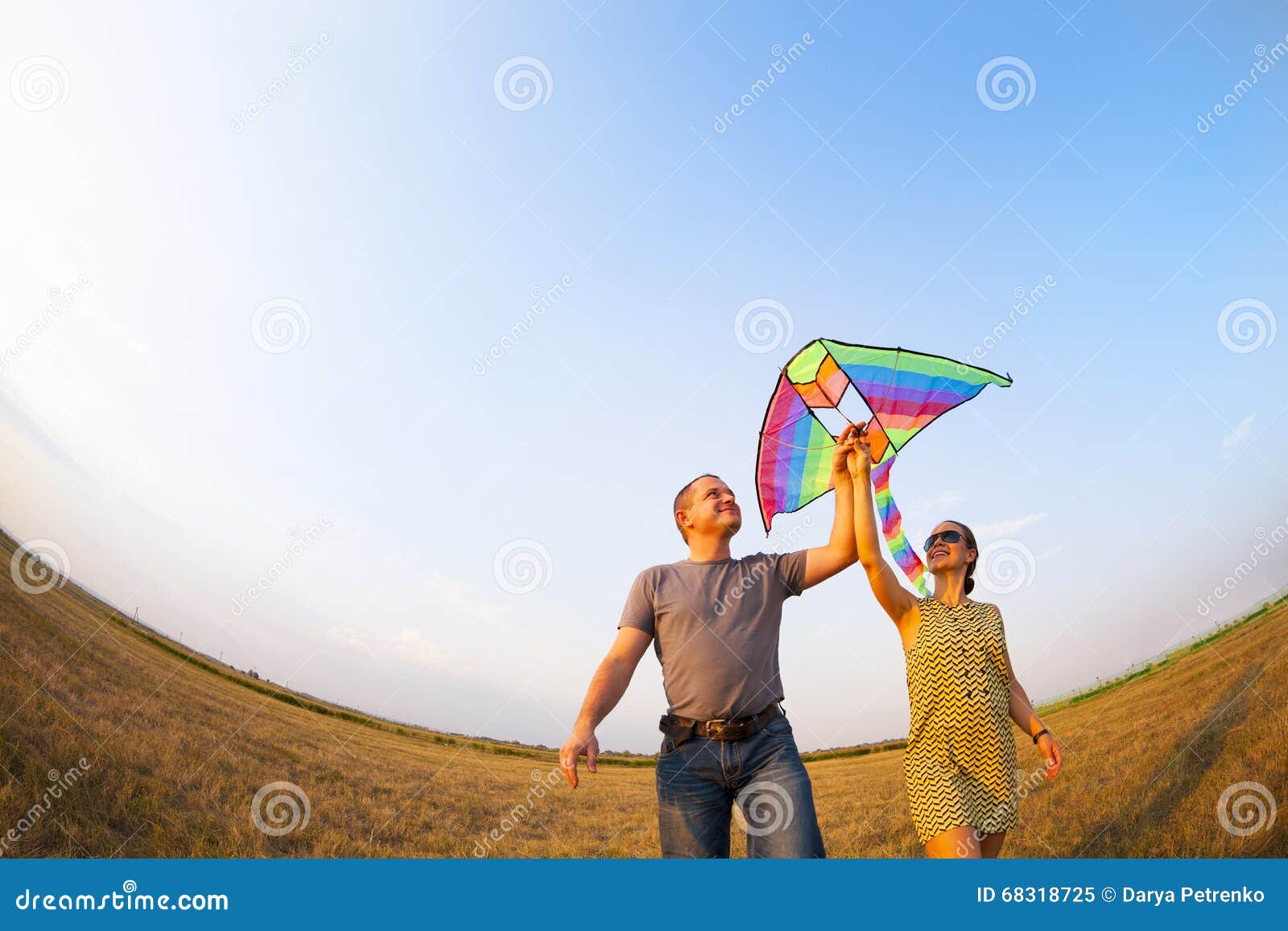 Happy Couple in Love with Flying a Kite Stock Image - Image of kite ...