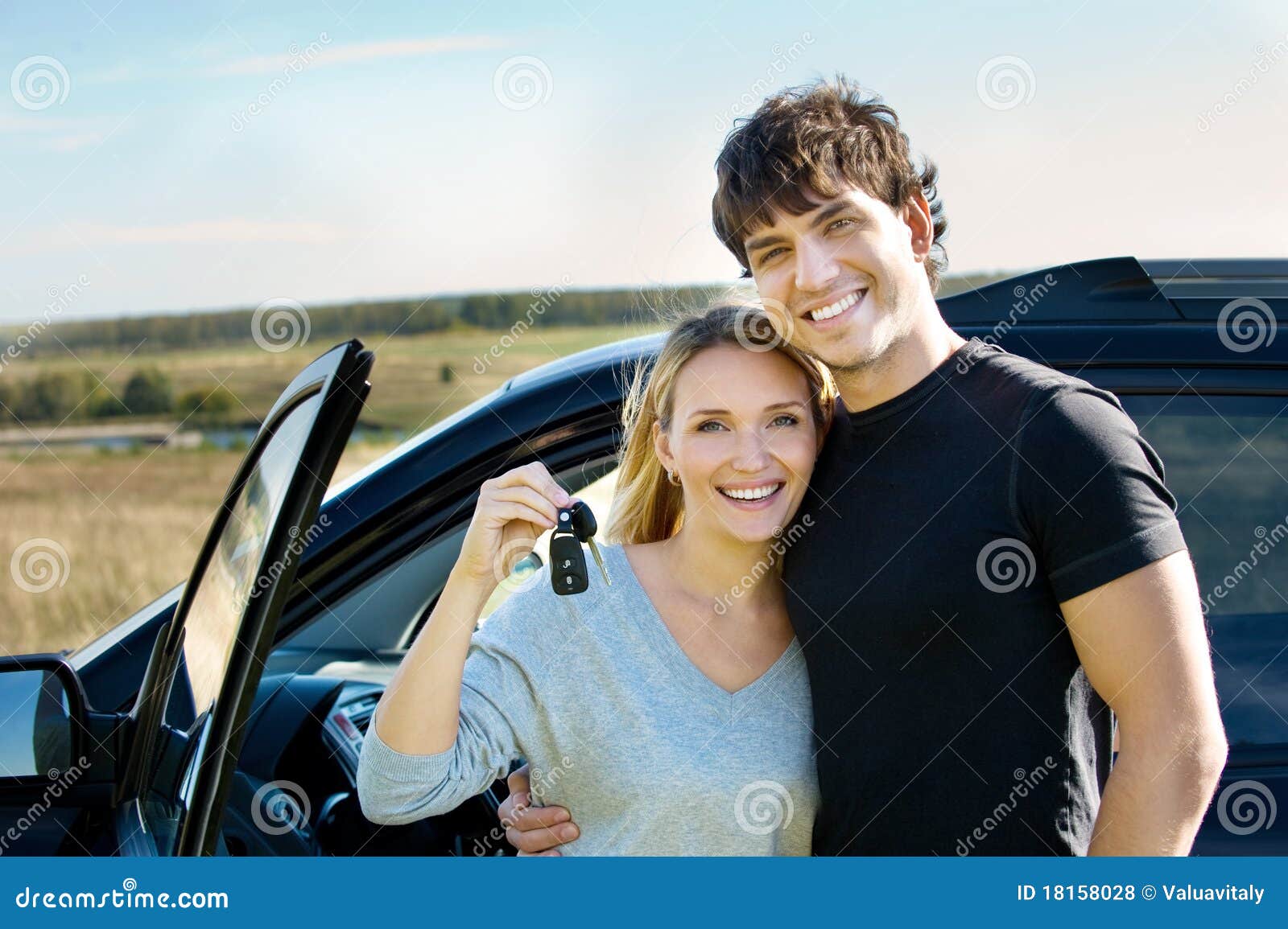 Happy couple near new car stock photo. Image of outdoor - 18158028