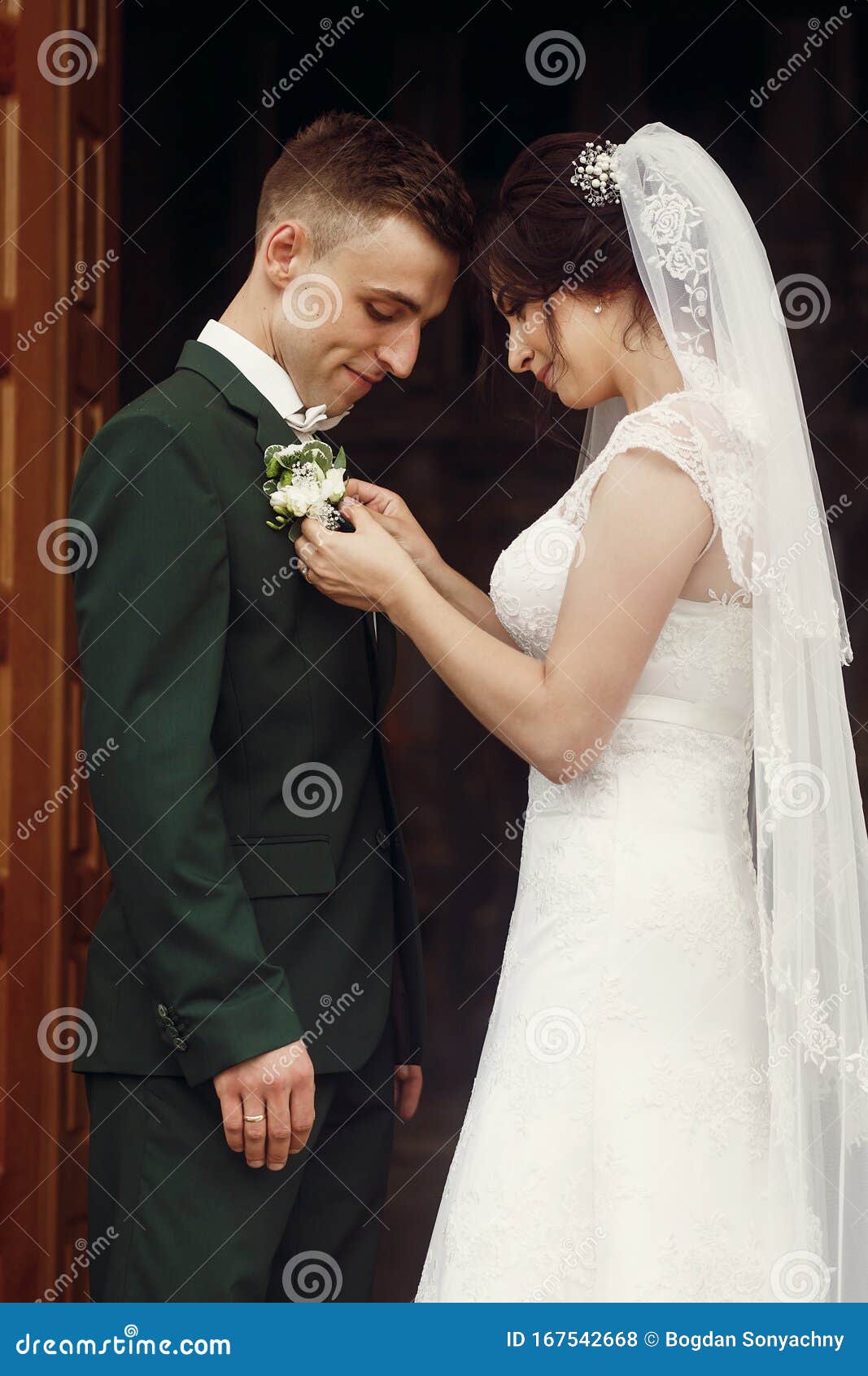 Happy Couple Of Newlyweds Brunette Bride In White Wedding Dress