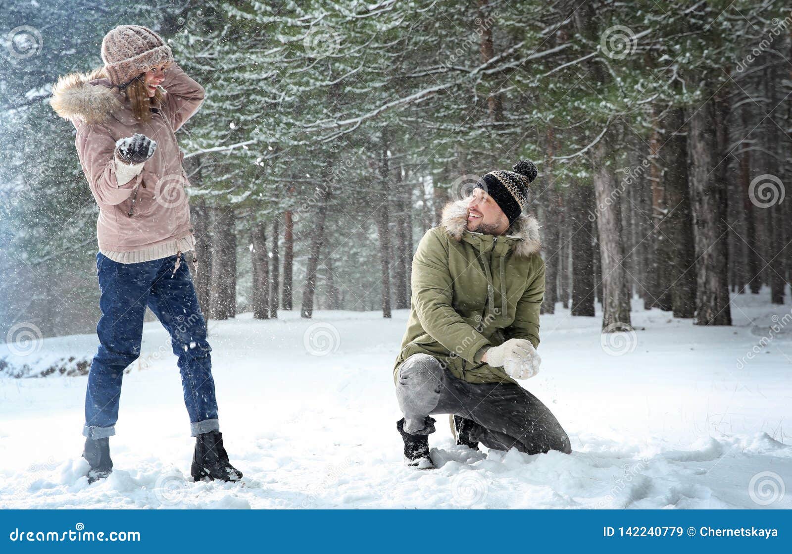 Happy Couple Playing Snowballs Stock Image - Image of family, park ...