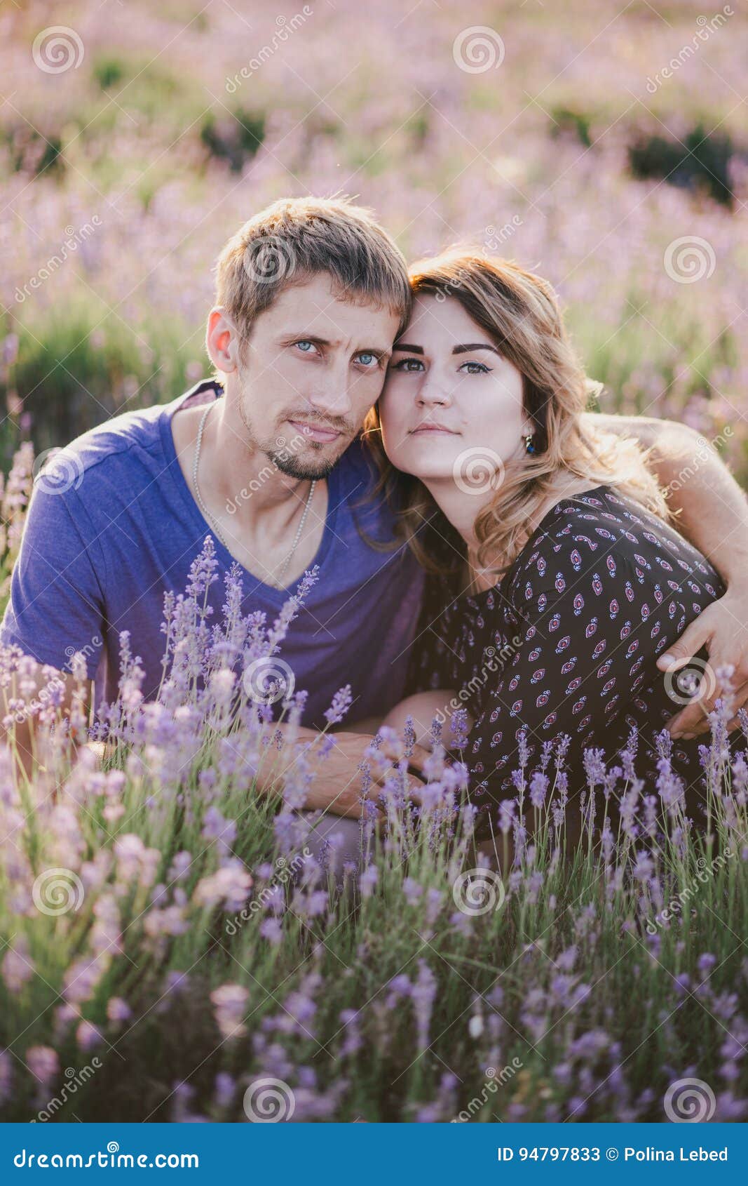 Happy Couple Posing in a Lavender Field Stock Image - Image of ...