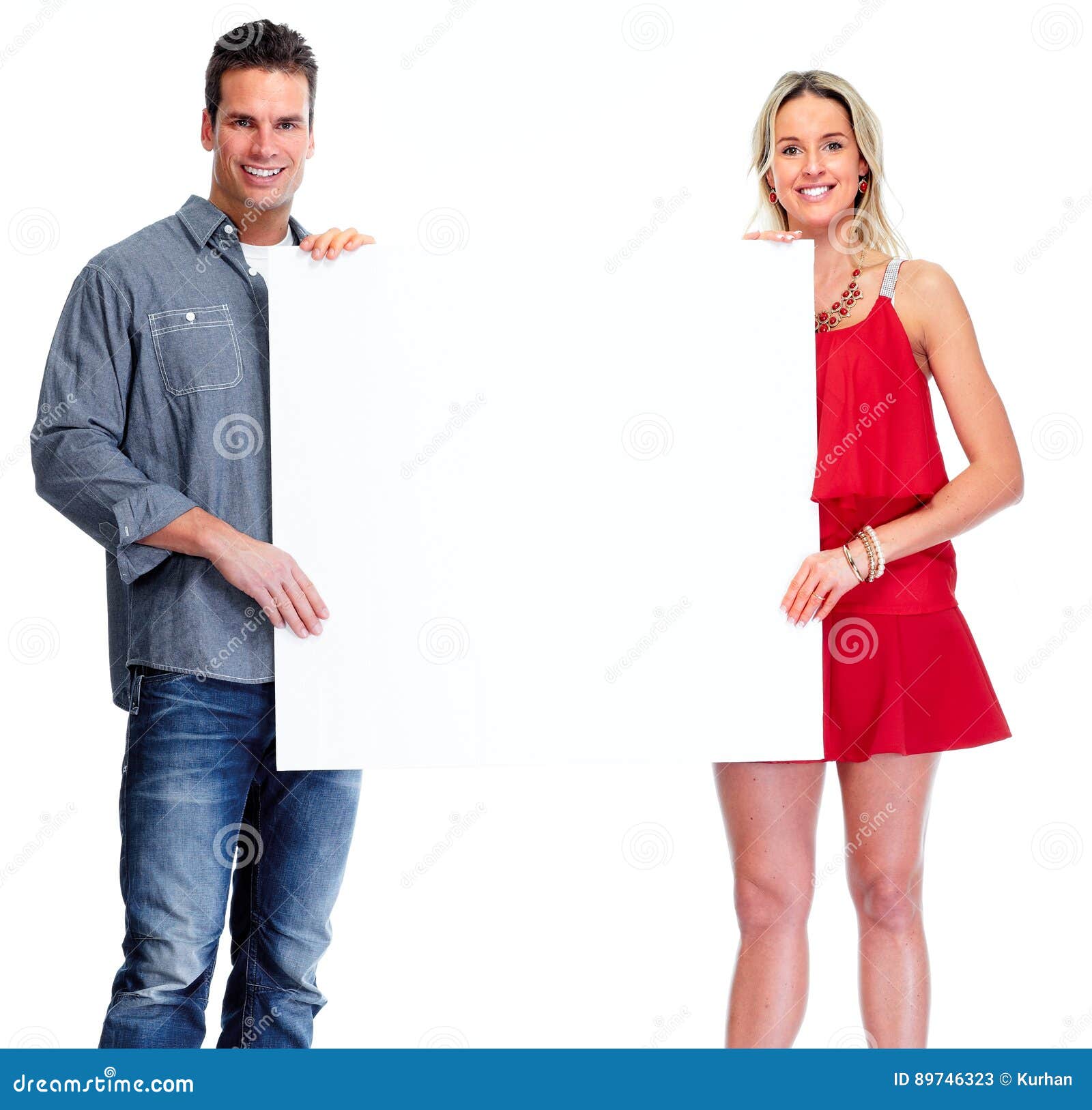 Happy couple with poster. stock image. Image of broadside - 89746323