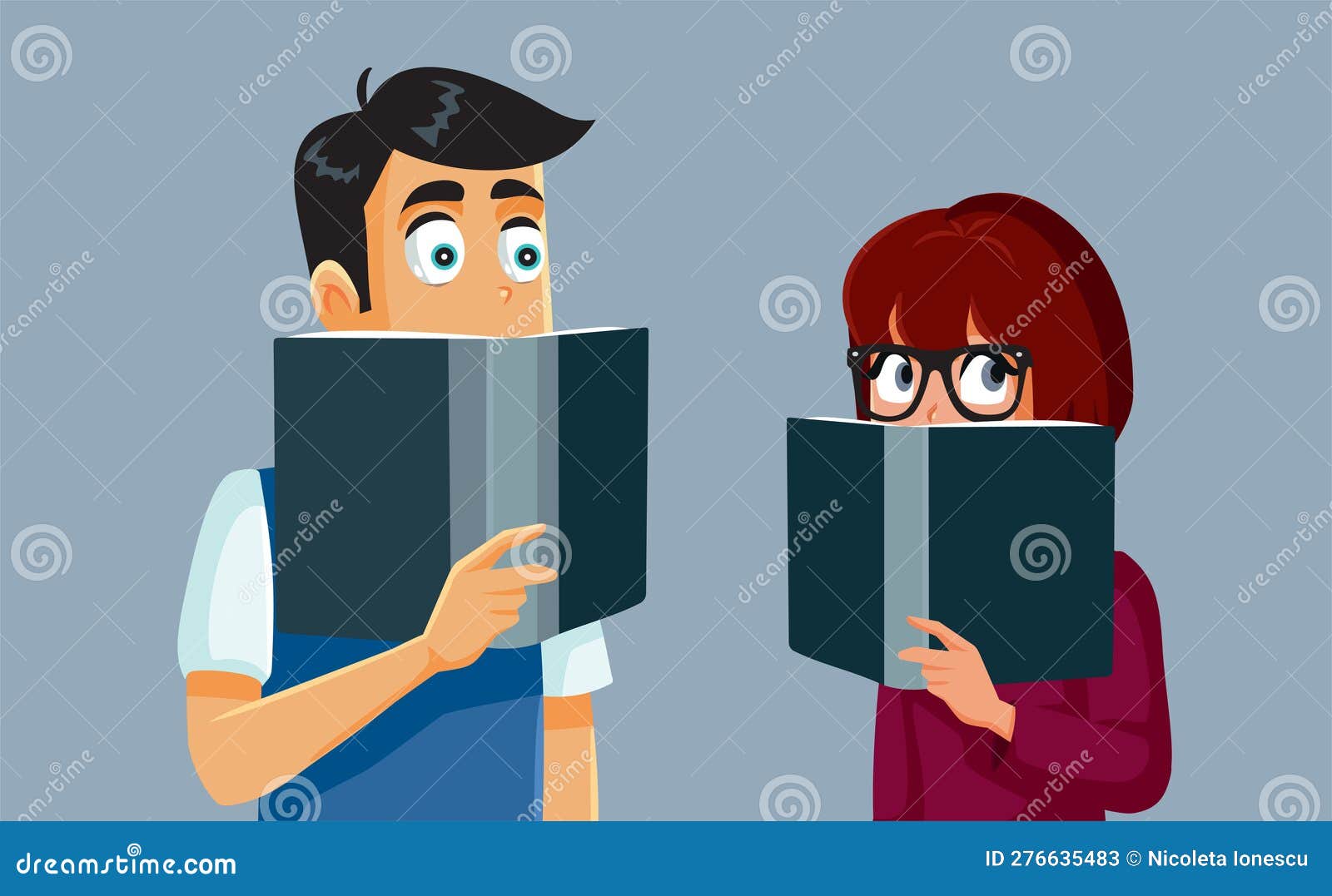 Happy Couple Reading Books Together Vector Cartoon Illustration Stock