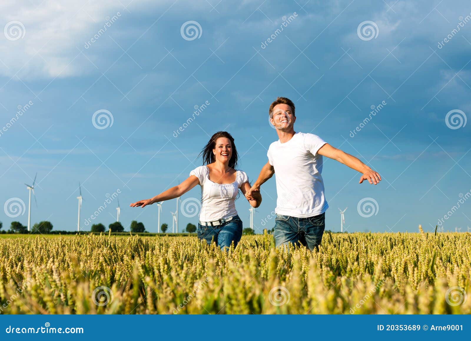 Happy Couple Running Over Grainfield Stock Image - Image of girlfriend ...