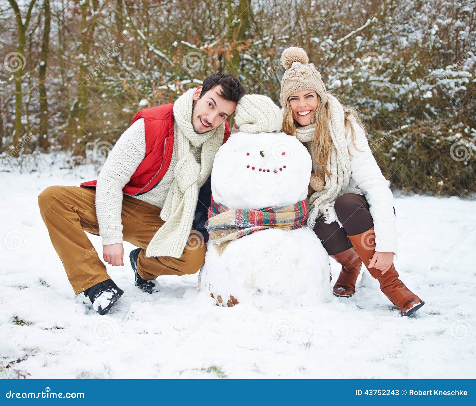 Happy Couple with Snowman in Winter Stock Image - Image of couple, love ...