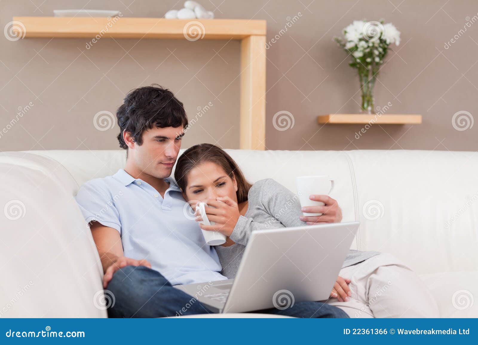 Happy Couple with Their Laptop on the Sofa Stock Photo - Image of happy ...