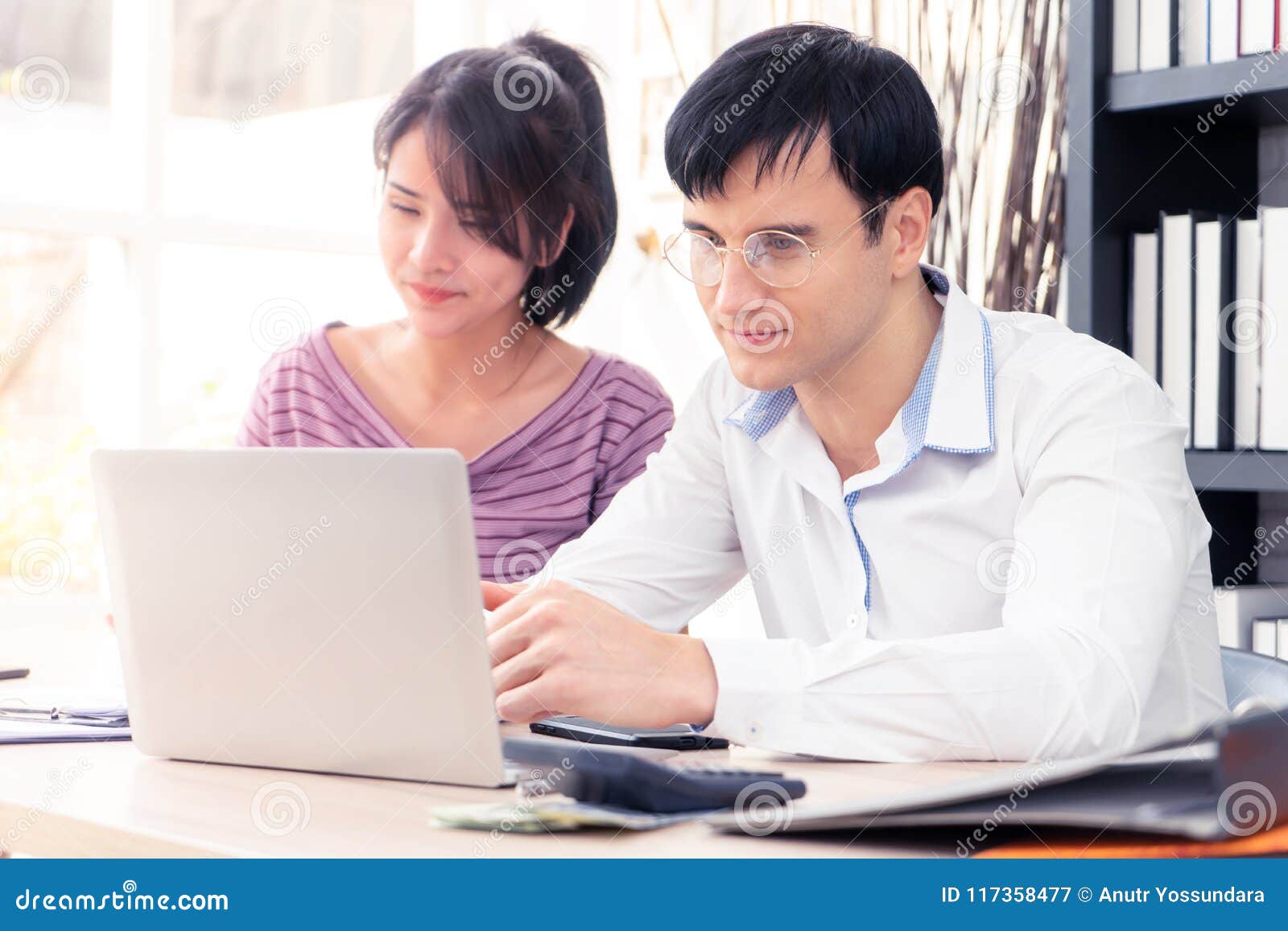 Happy Couple Using Computer Working Together at Home Stock Image ...