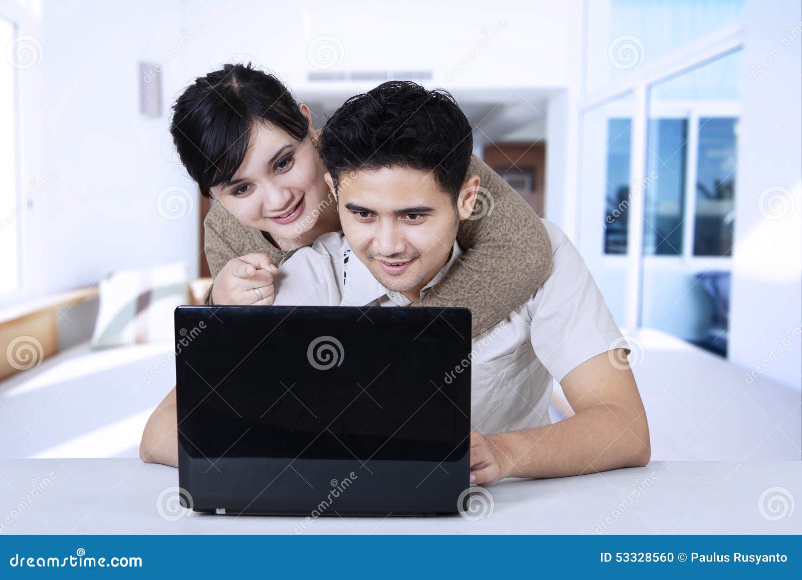 Happy Couple Using Laptop at Home Stock Photo - Image of japanese ...