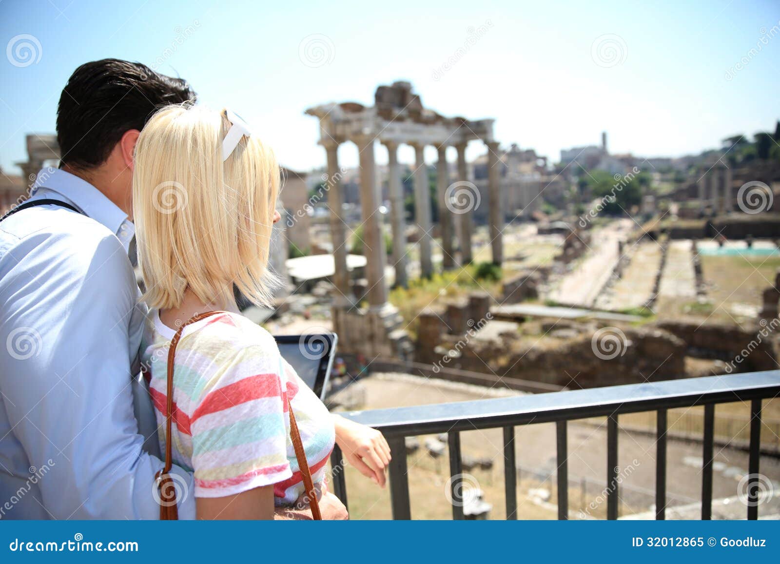 Happy Couple Visiting Roman Forum with Tablet in Hands Stock Image ...