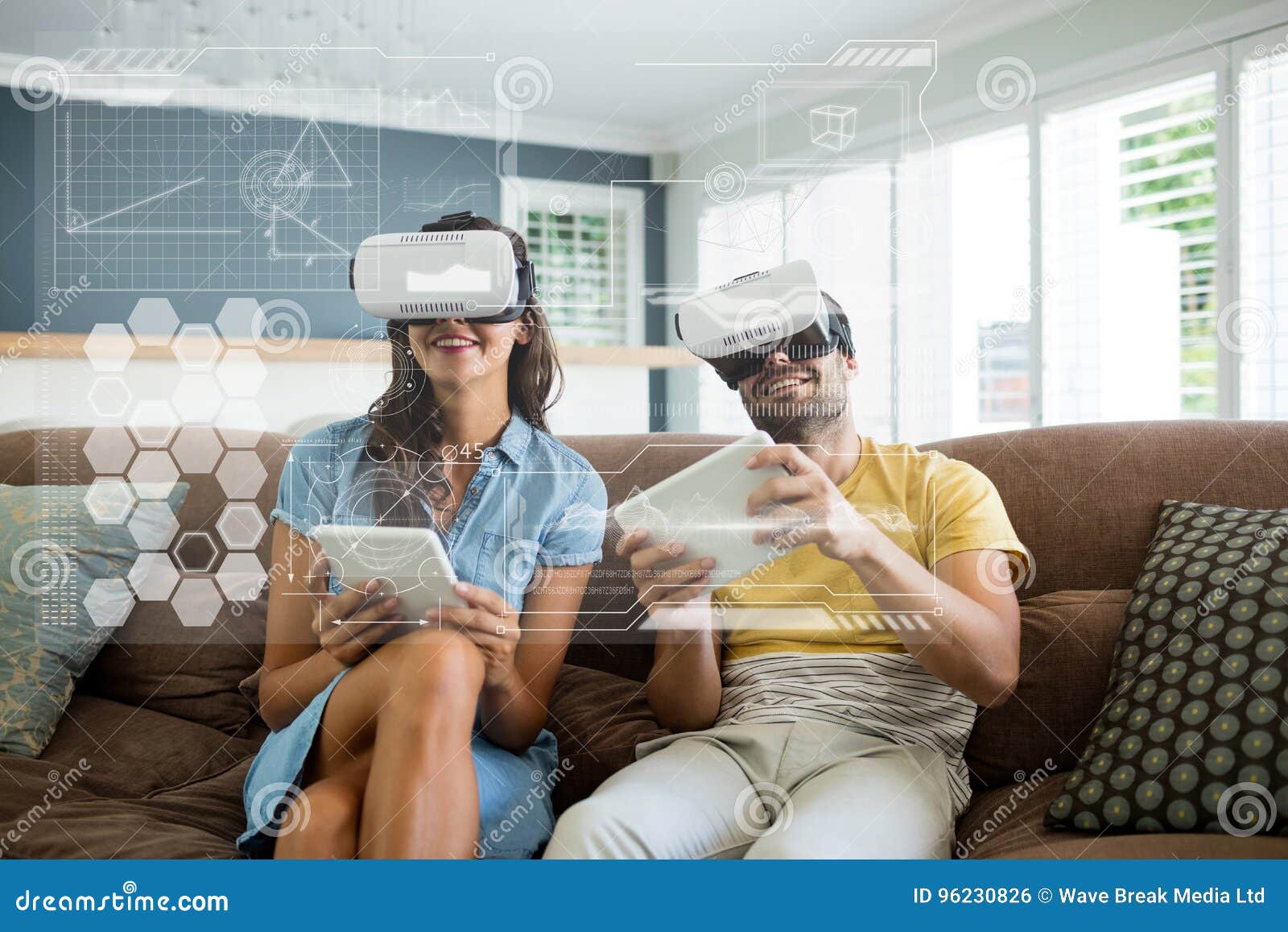 Happy Couple in VR Headsets Looking at Interface Stock Photo - Image of ...