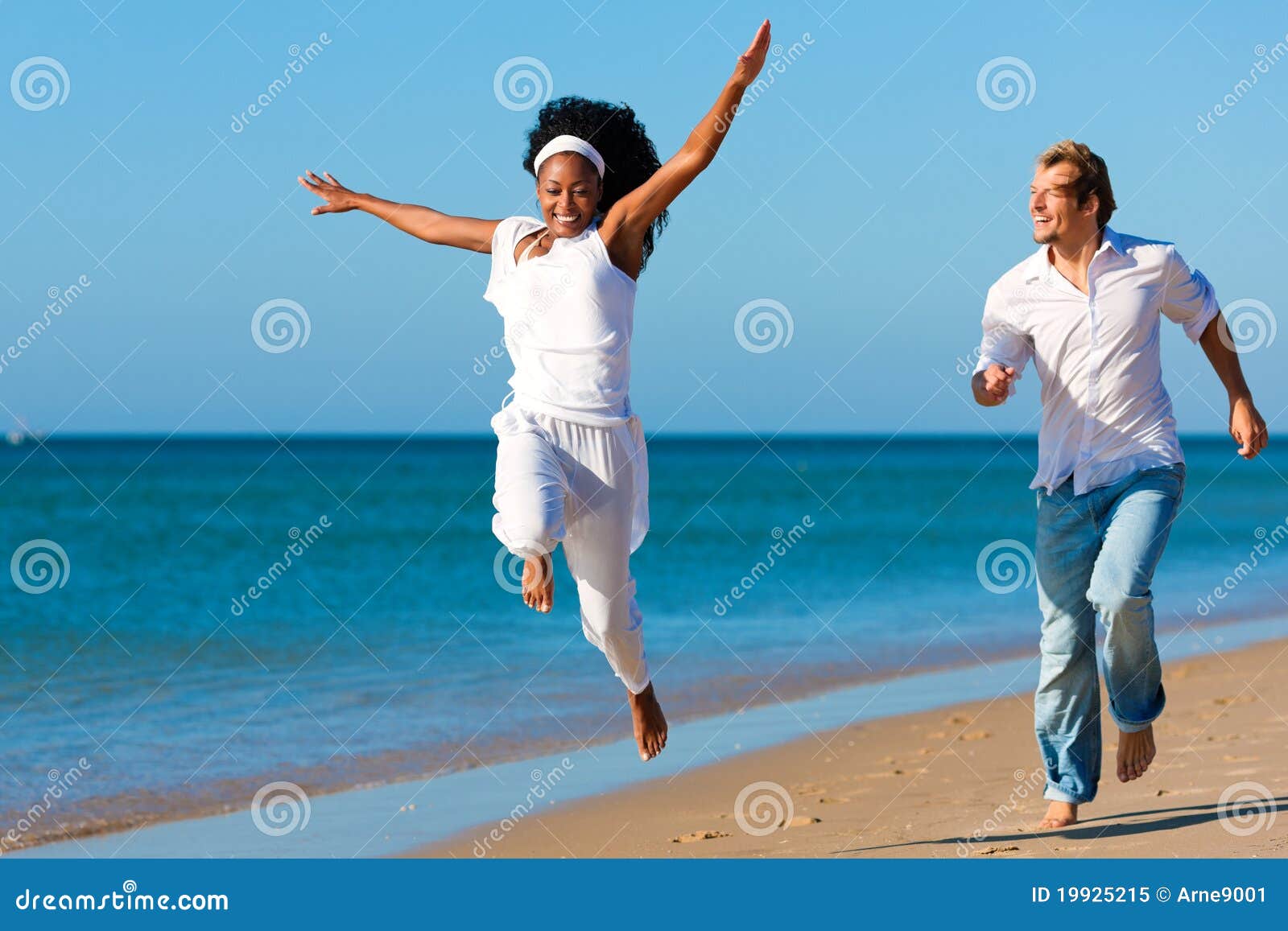 Happy Couple Walking and Running on Beach Stock Image - Image of ...