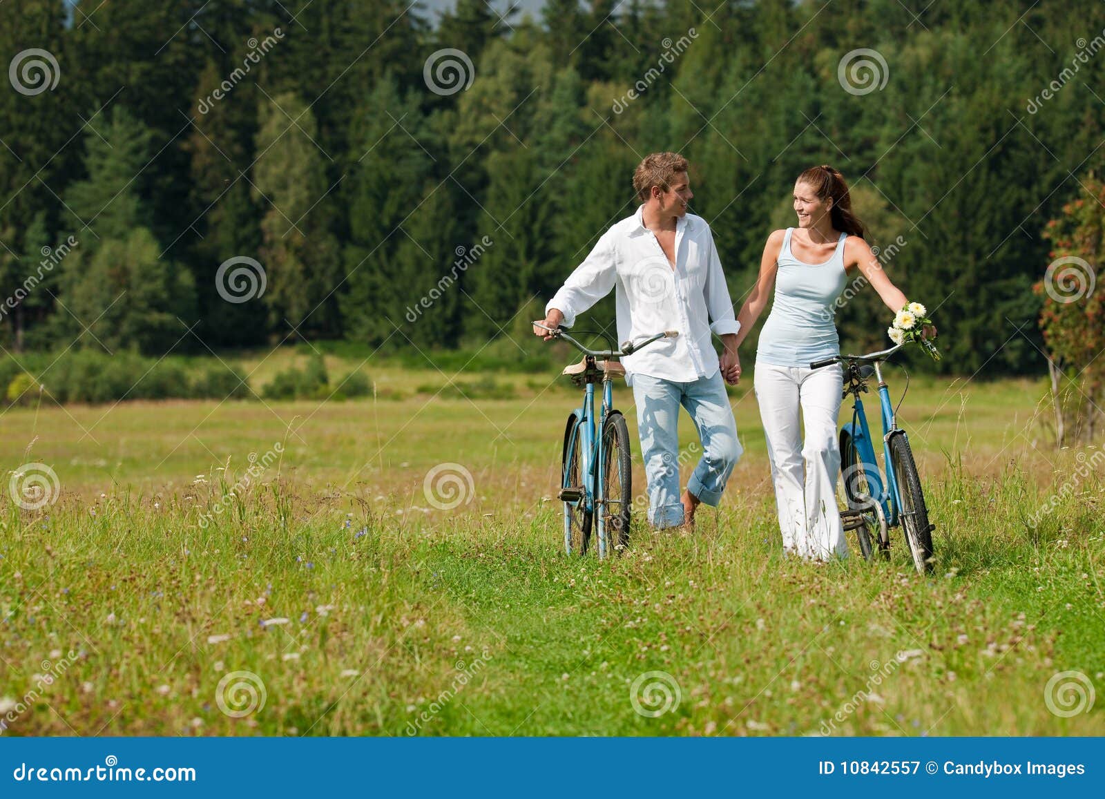 Happy Couple Walking in Summer Meadow Stock Image - Image of love ...
