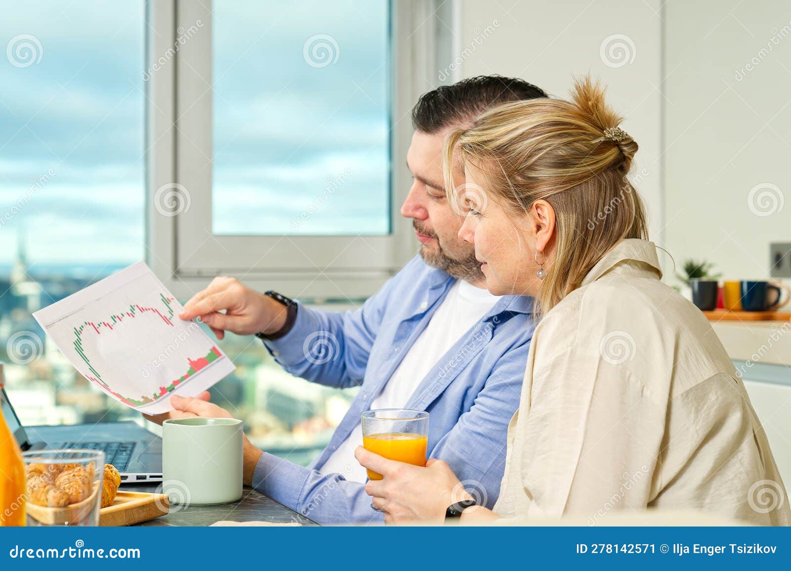 Happy Couple Working from Home and Having Breakfast Together. Breakfast ...