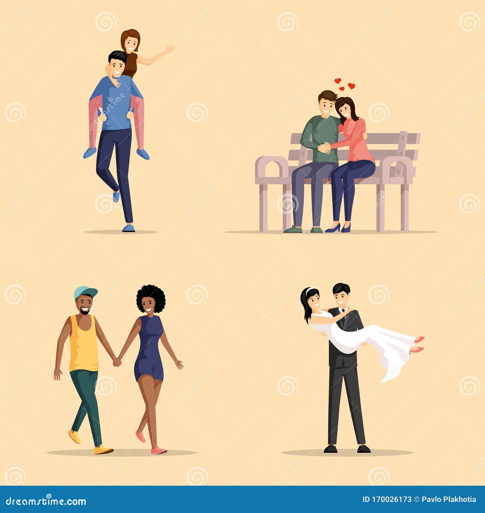Happy Couples Flat Vector Illustrations Set Men And Women In Love