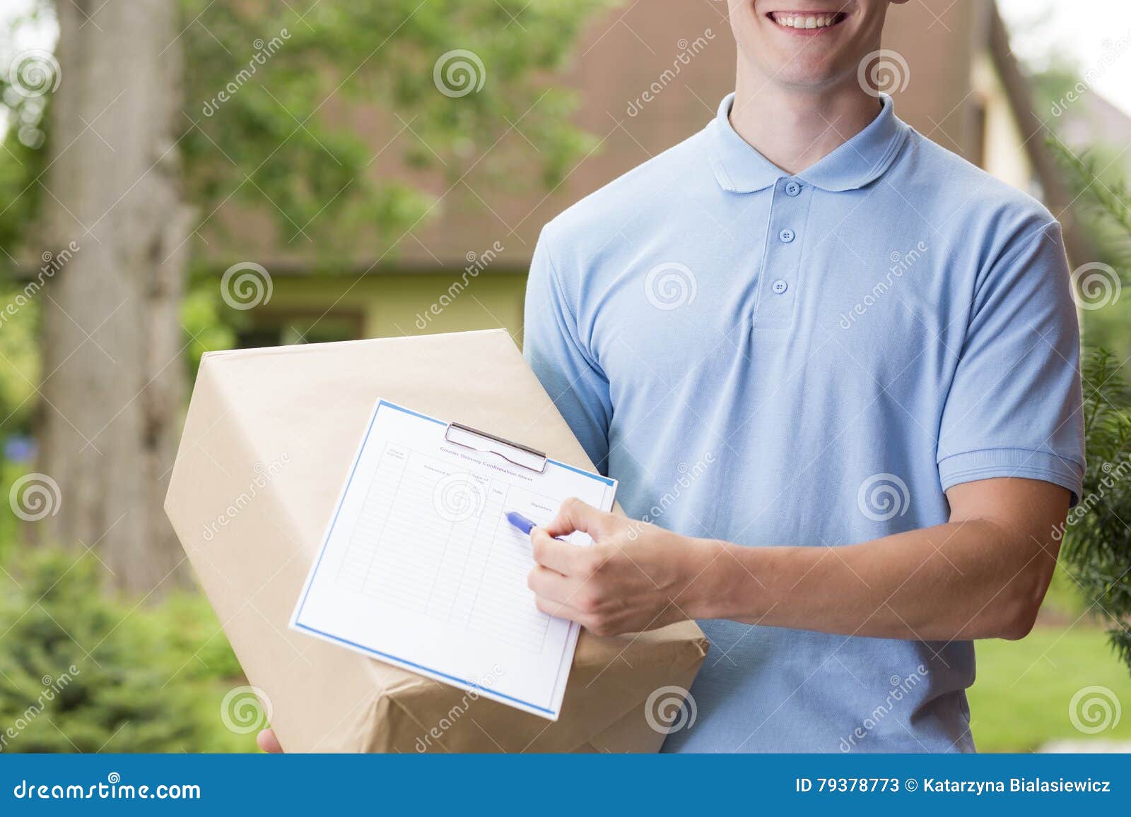 Happy Courier Holding a Package Stock Image - Image of outdoors, award ...