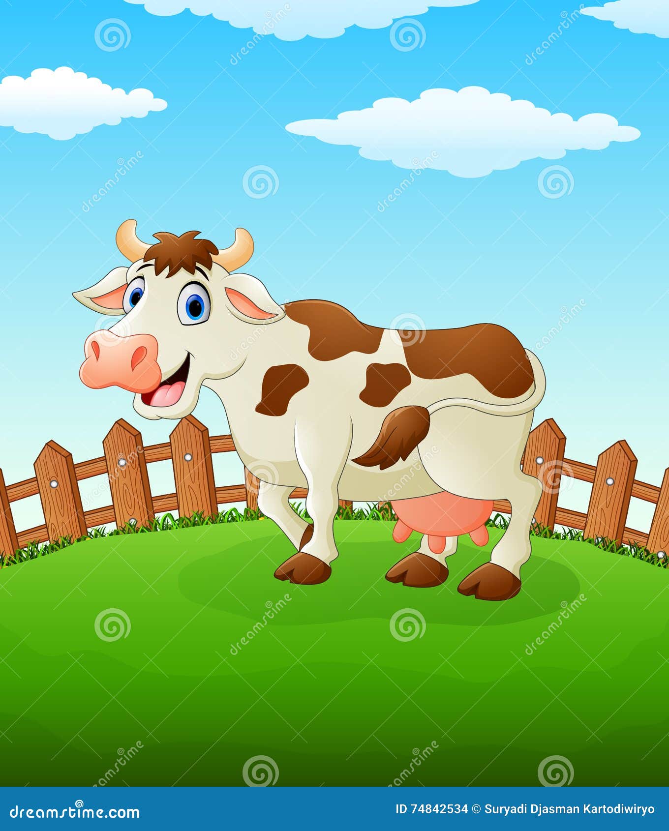 Happy Cow Cartoon on the Field Stock Vector - Illustration of fence ...
