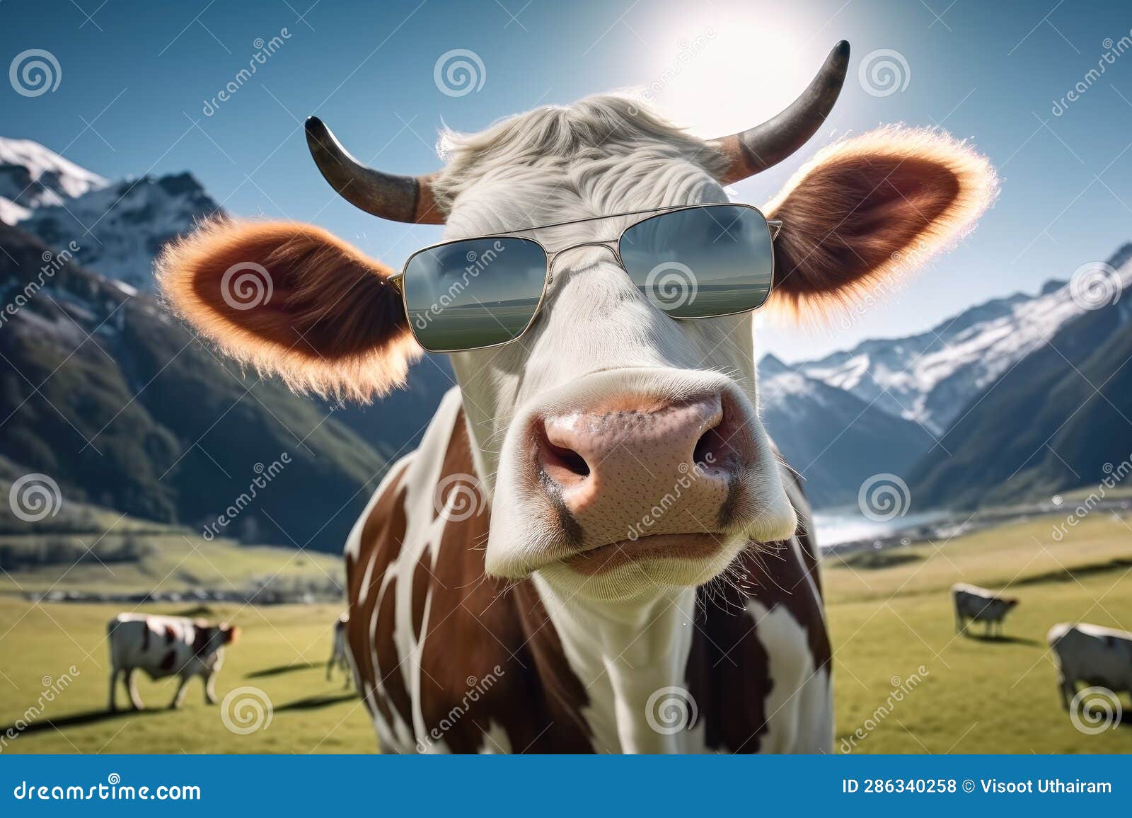 Happy Cow Wearing Sunglasses on Mountain Stock Illustration ...