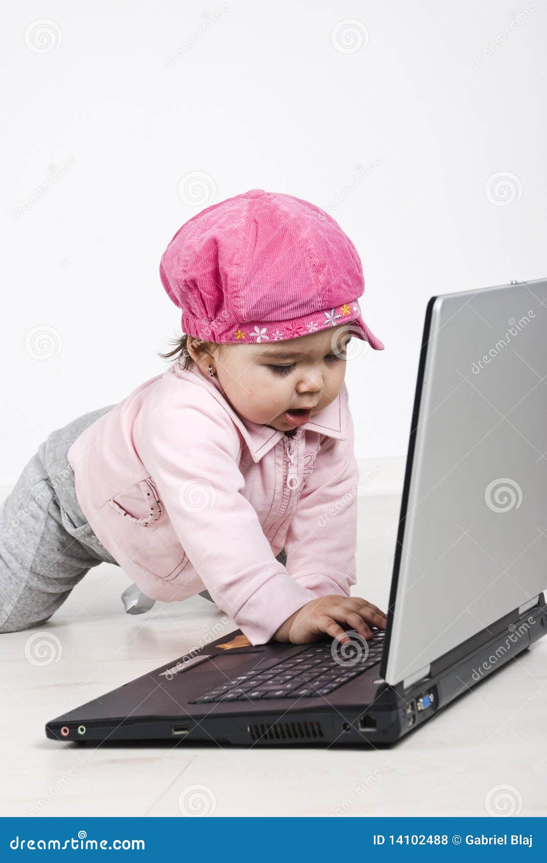 Happy Crawling Baby Type on Laptop Stock Photo - Image of cheerful ...