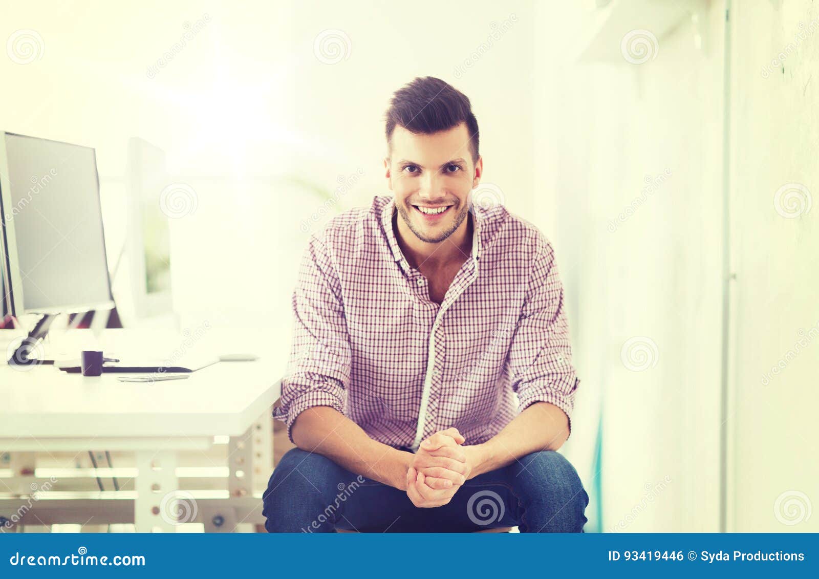 Happy Creative Man with Computer at Office Stock Photo - Image of blank ...
