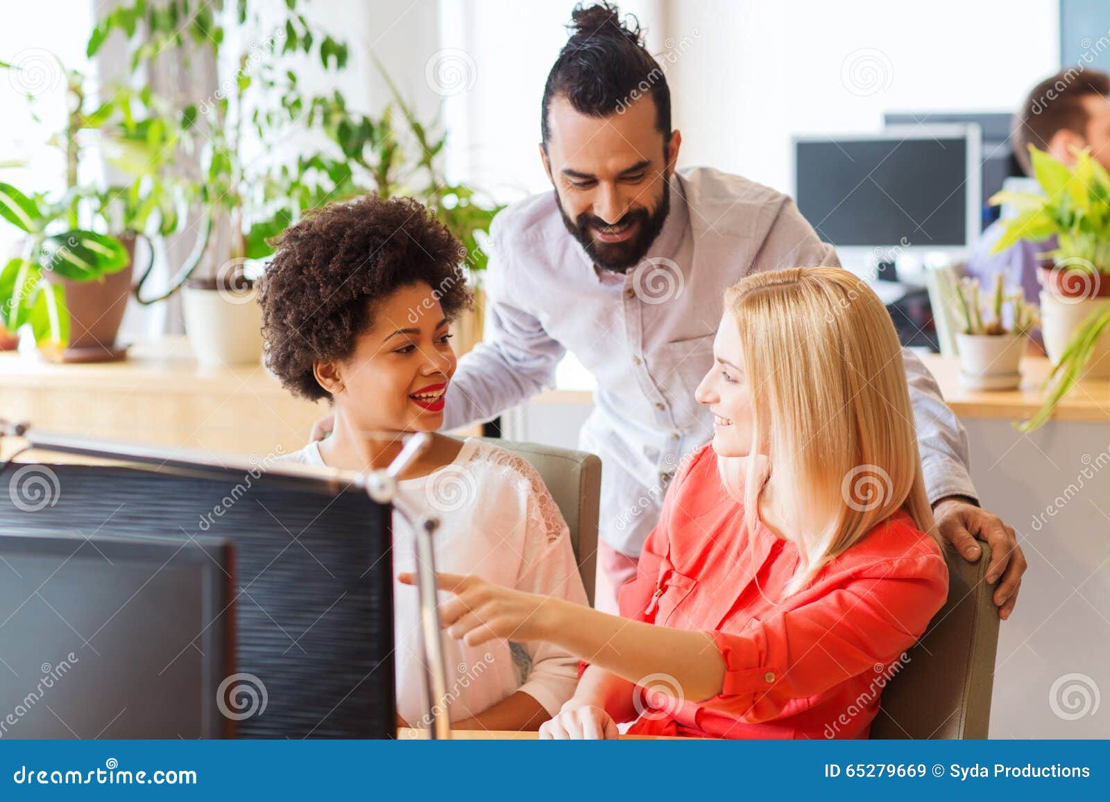 Happy Creative Team with Computer in Office Stock Image - Image of ...