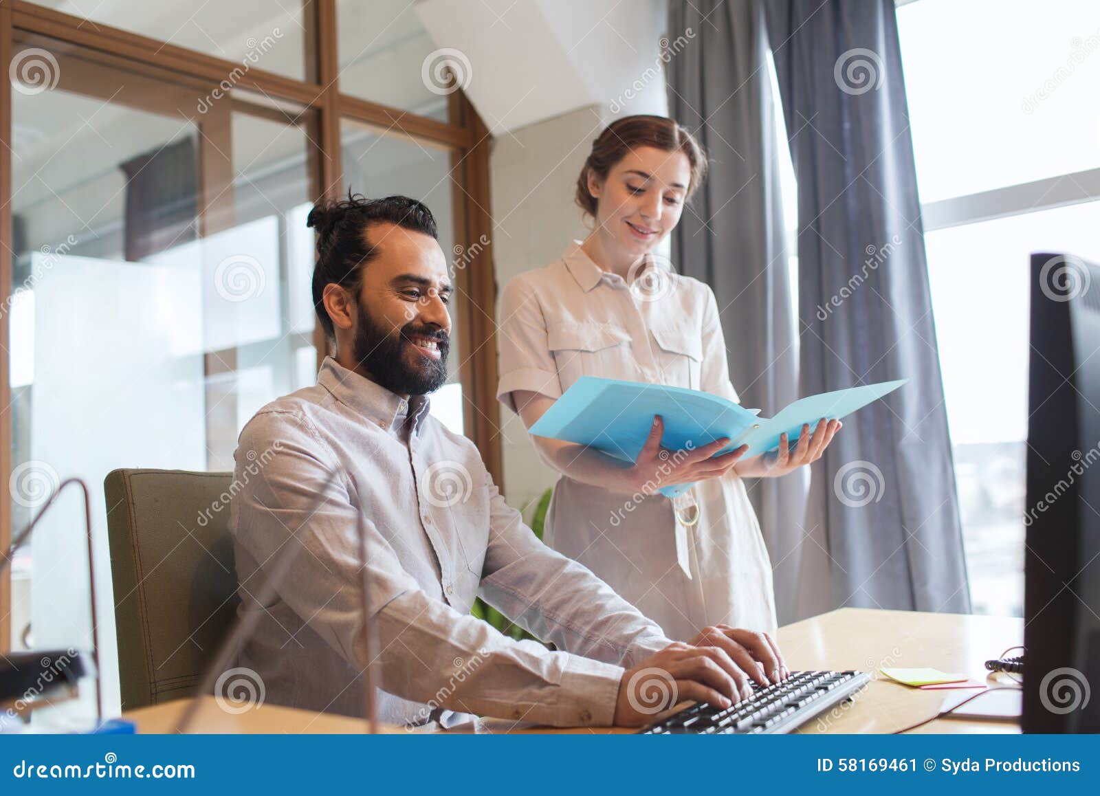 Happy Creative Team with Computer in Office Stock Image - Image of ...