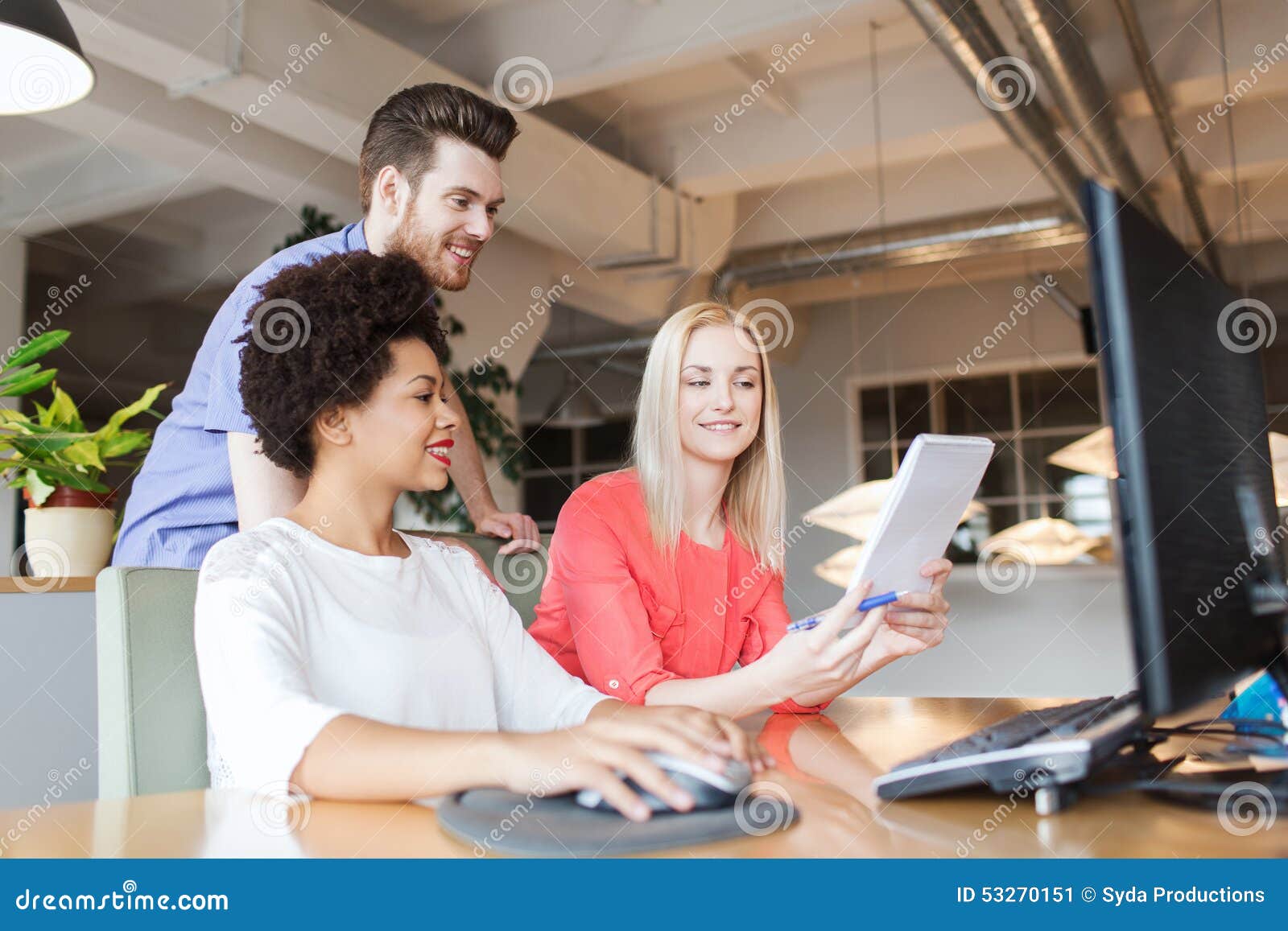Happy Creative Team with Computer in Office Stock Image - Image of ...