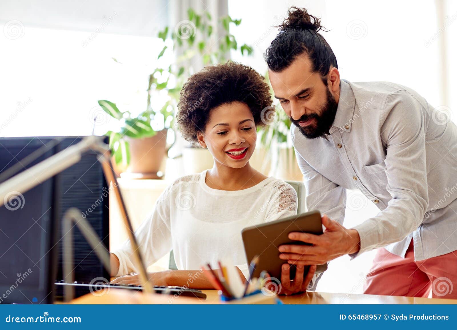 Happy Creative Team with Tablet Pc in Office Stock Image - Image of ...