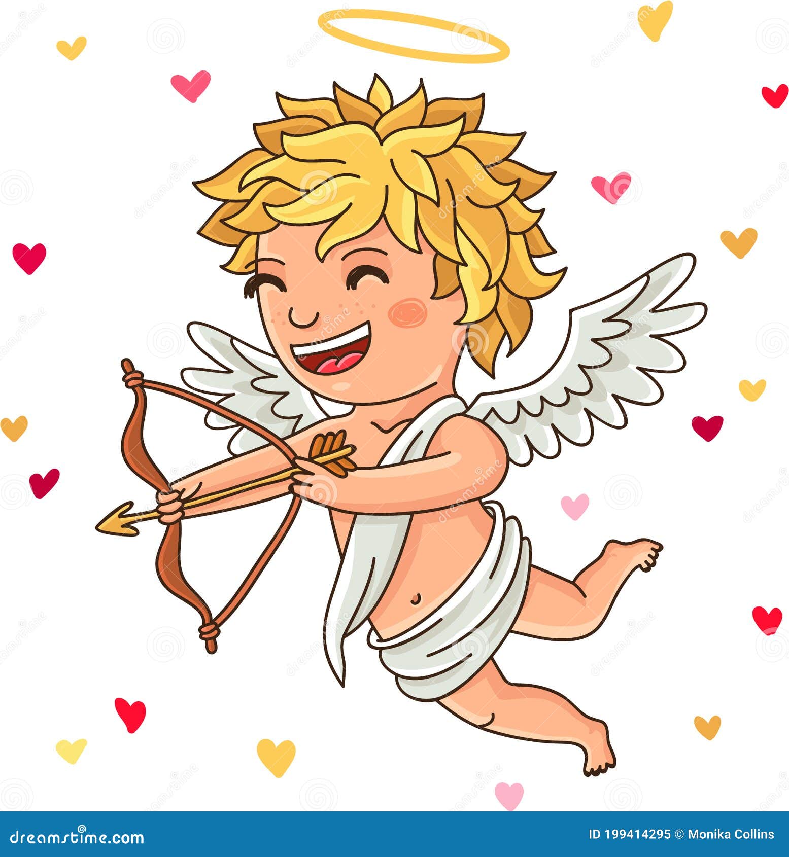 Happy Cupid Boy with Bow and Arrow Hearts Side View Stock Illustration ...