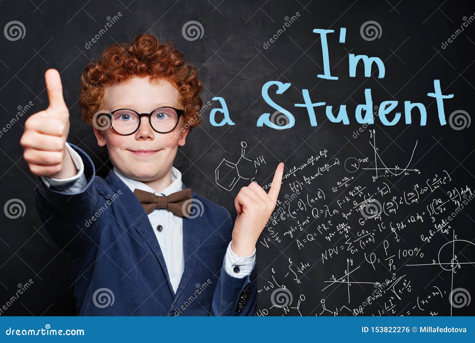 Happy Curious Child Boy on Blackboard Background with Science and Maths ...