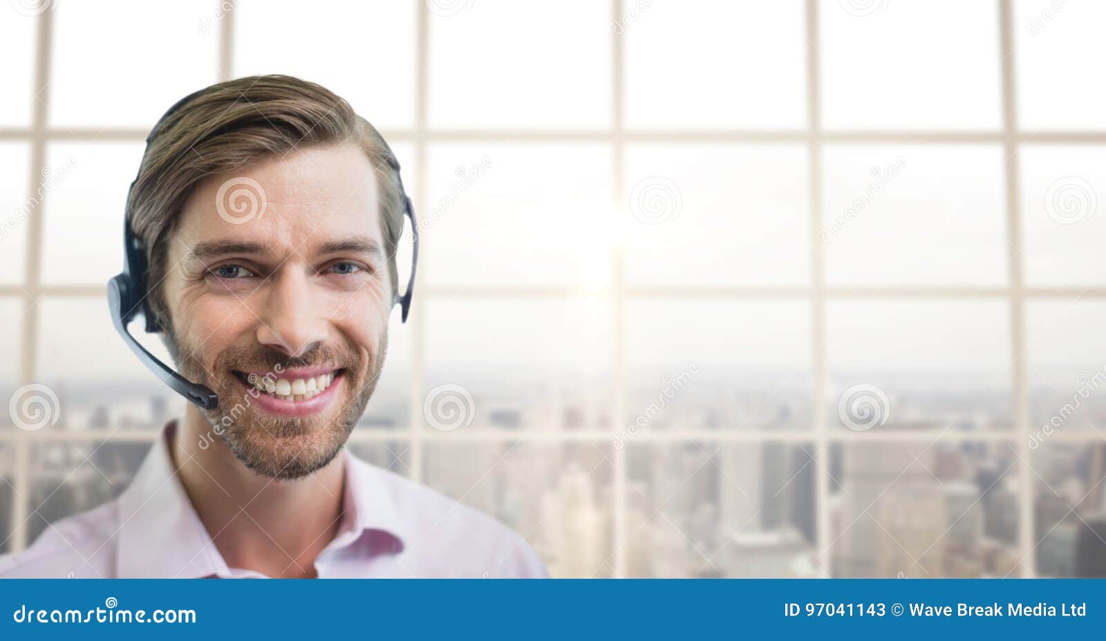 Happy Customer Care Representative Man Against City Background Stock ...