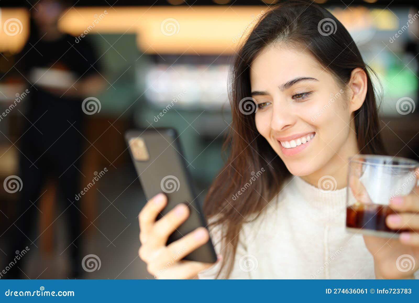 Happy Customer Checking Phone in a Restaurant Stock Image - Image of ...