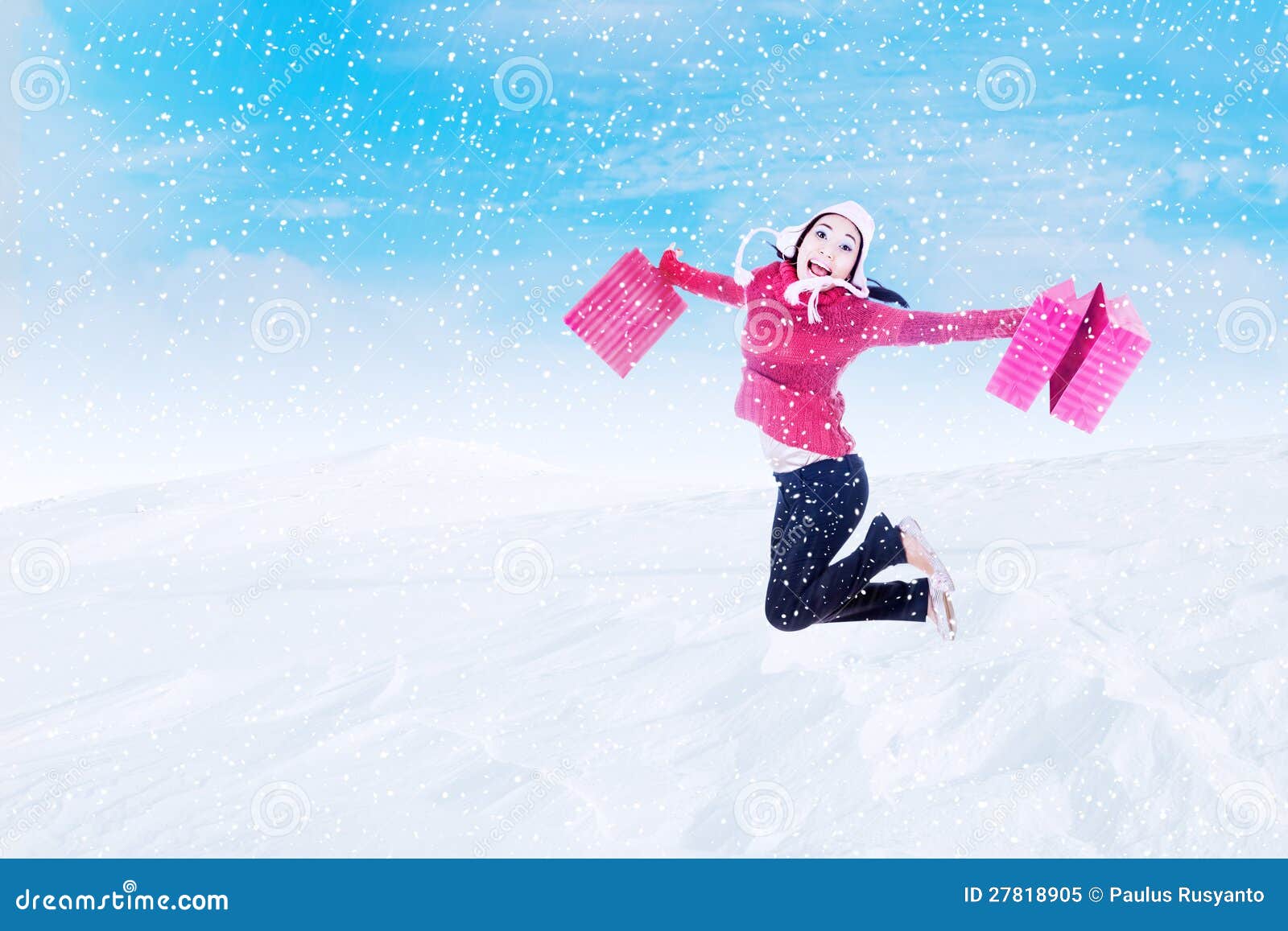 Happy Customer Jumping with Bags in Winter Snow Stock Image - Image of ...