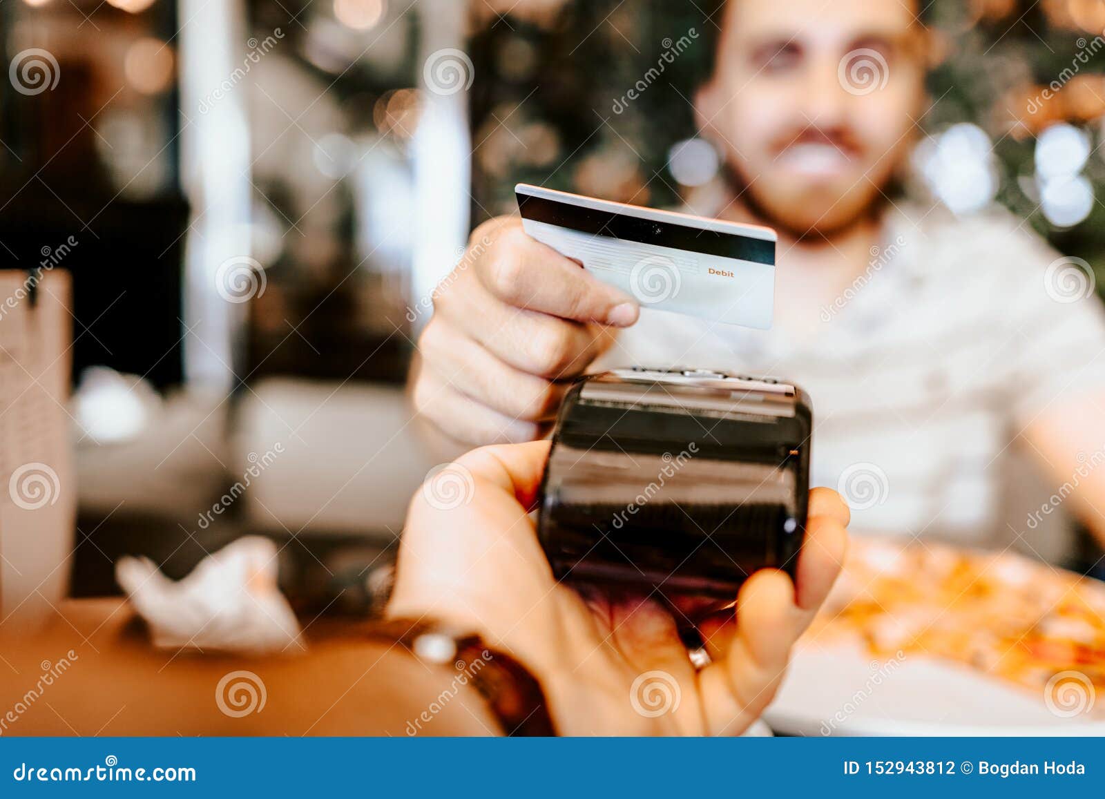 Happy Customer Paying for Lunch Using New, Modern Contactless ...