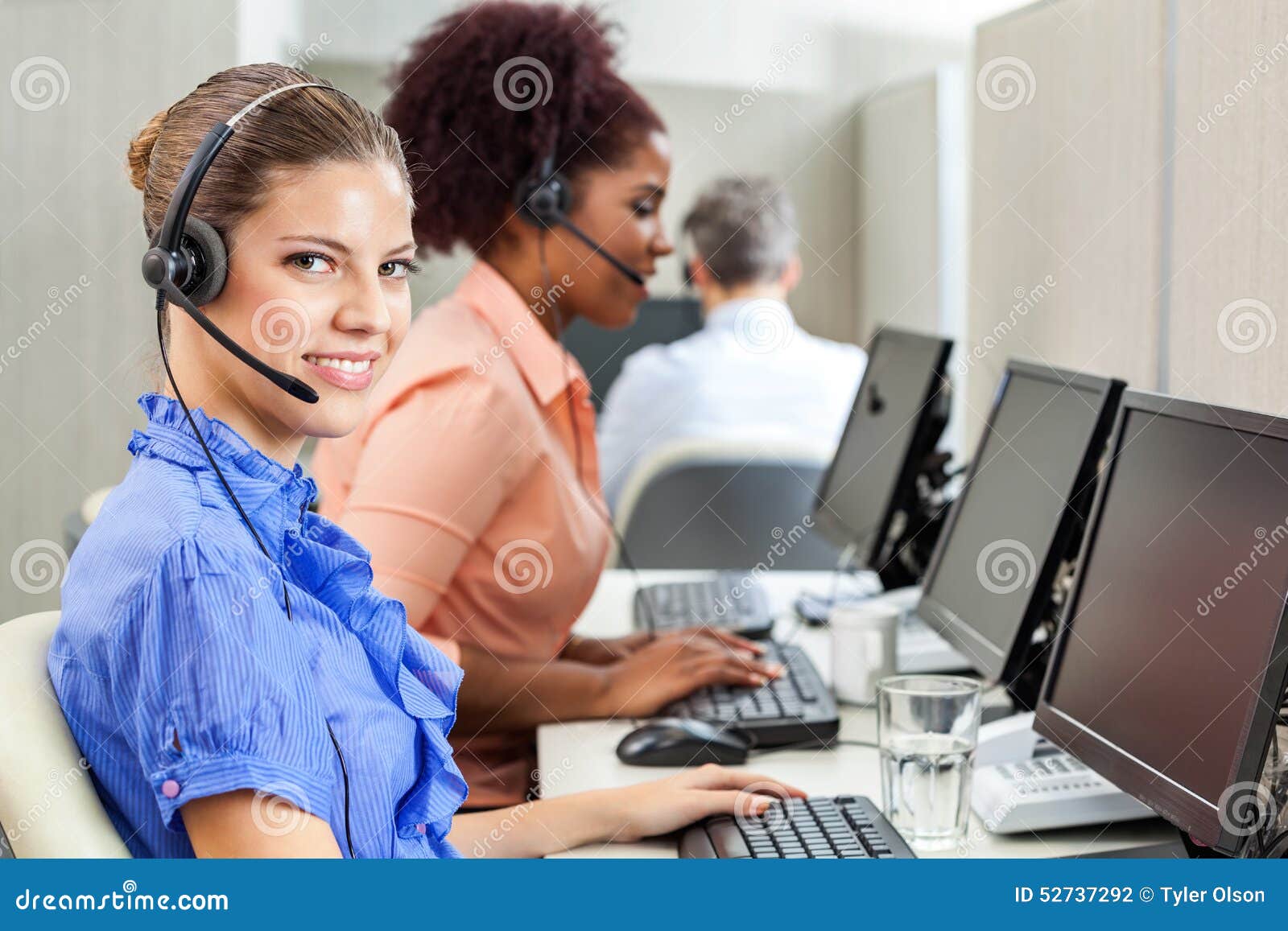 Happy Customer Service Agent Using Computer at Stock Photo - Image of ...