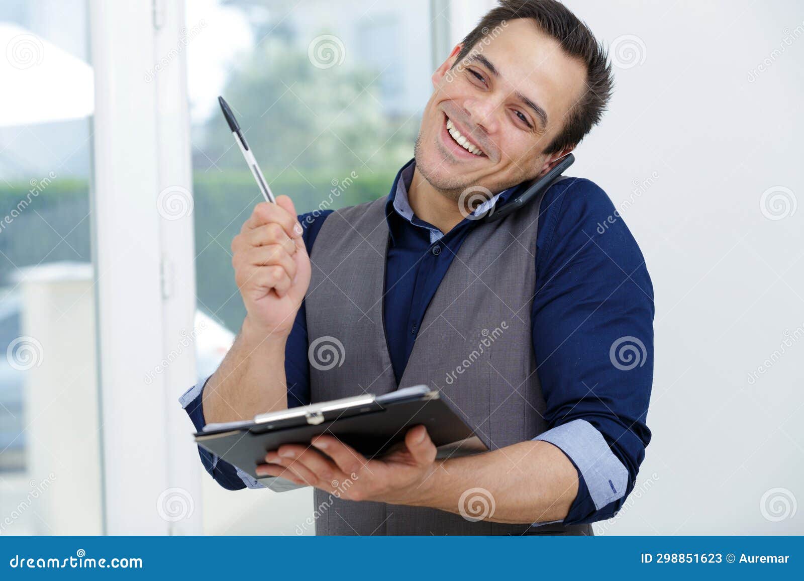 Happy Customer Service Representative with Clipboard Looking Away in ...