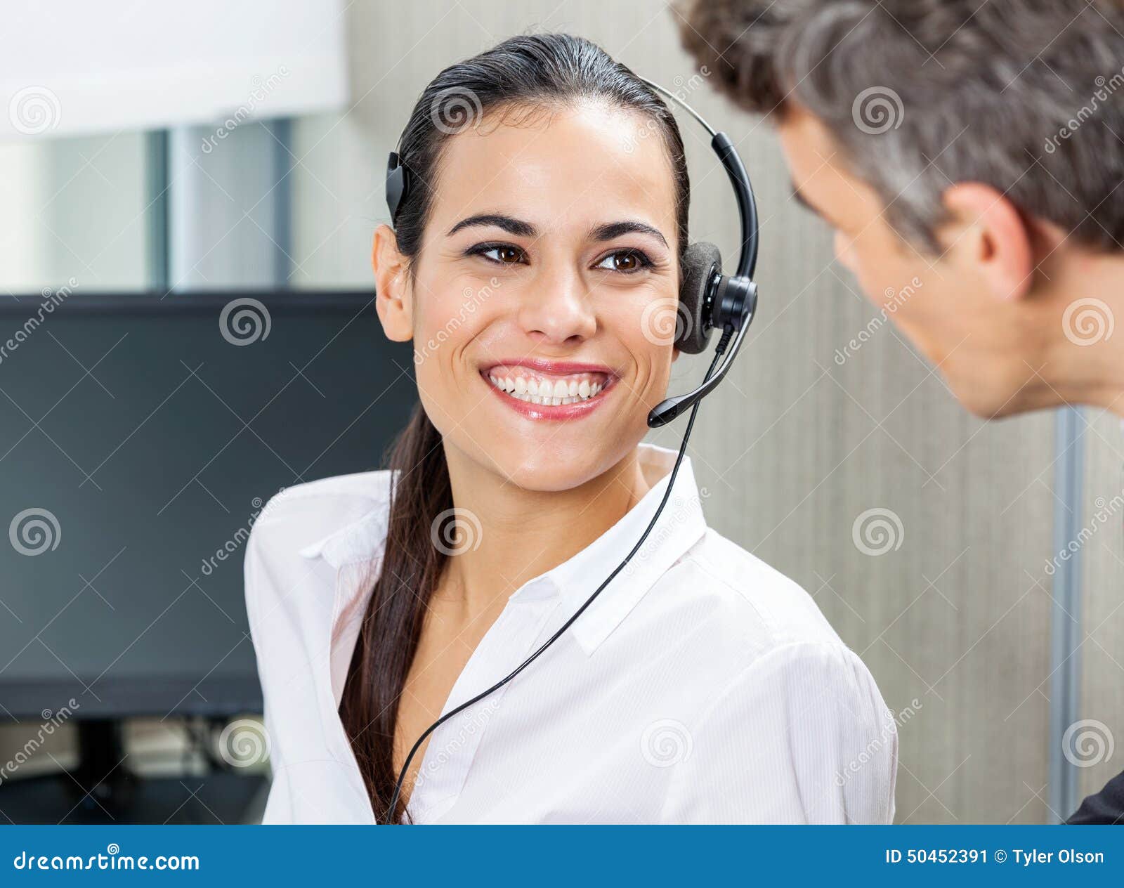 Happy Customer Service Representative Looking at Stock Image - Image of ...