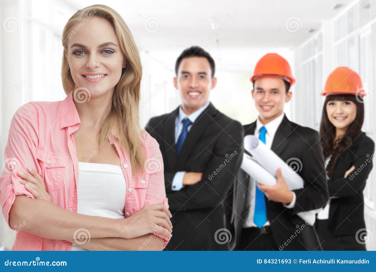 Happy Customer Standing in Front of Her House Contractor or Buil Stock ...