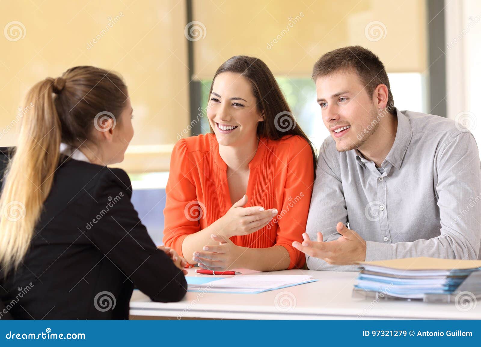 Happy Customers Talking with Office Worker Stock Image - Image of ...