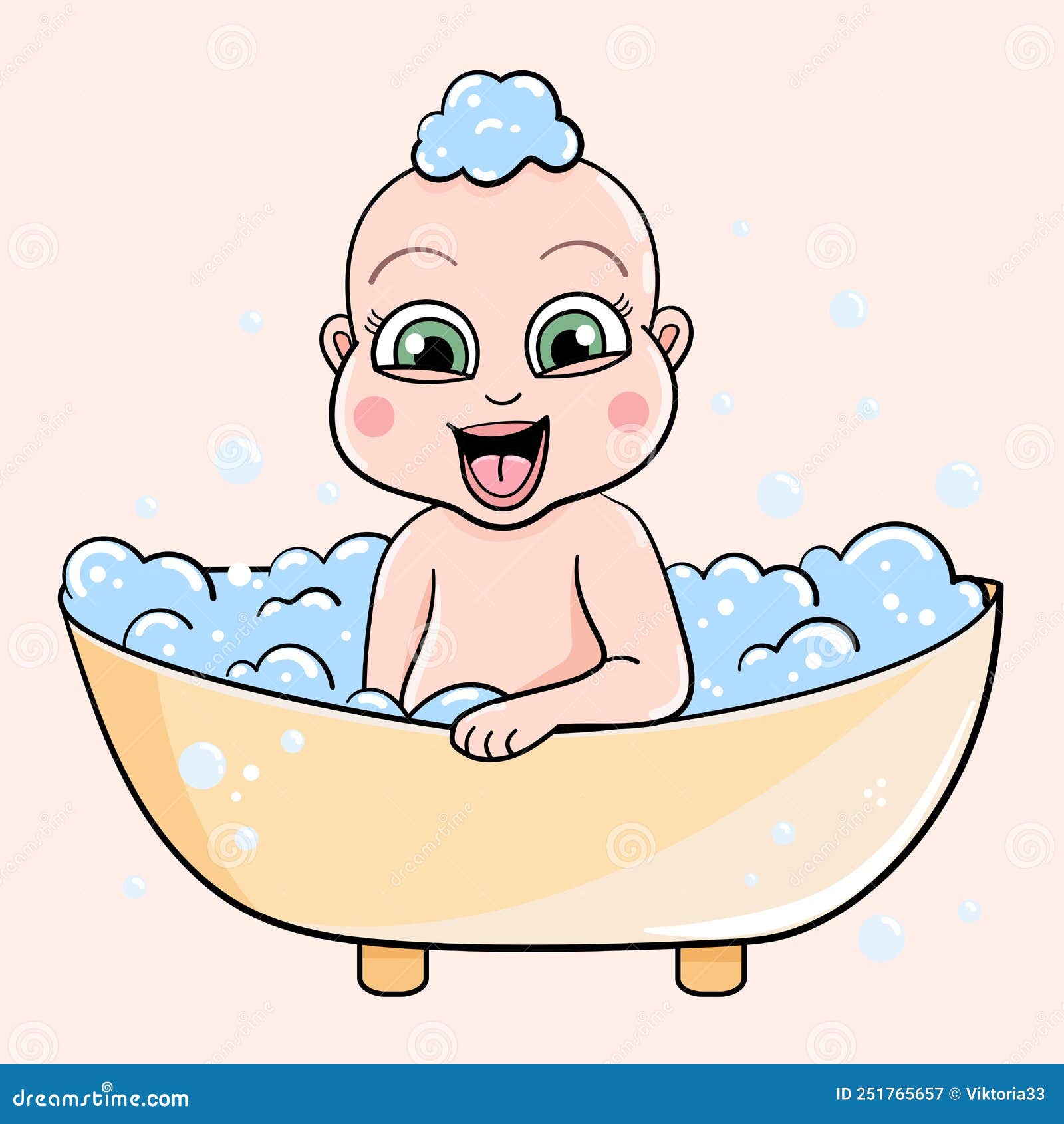 Happy Cute Baby Bathing with Foam and Bubbles. Vector Illustration ...