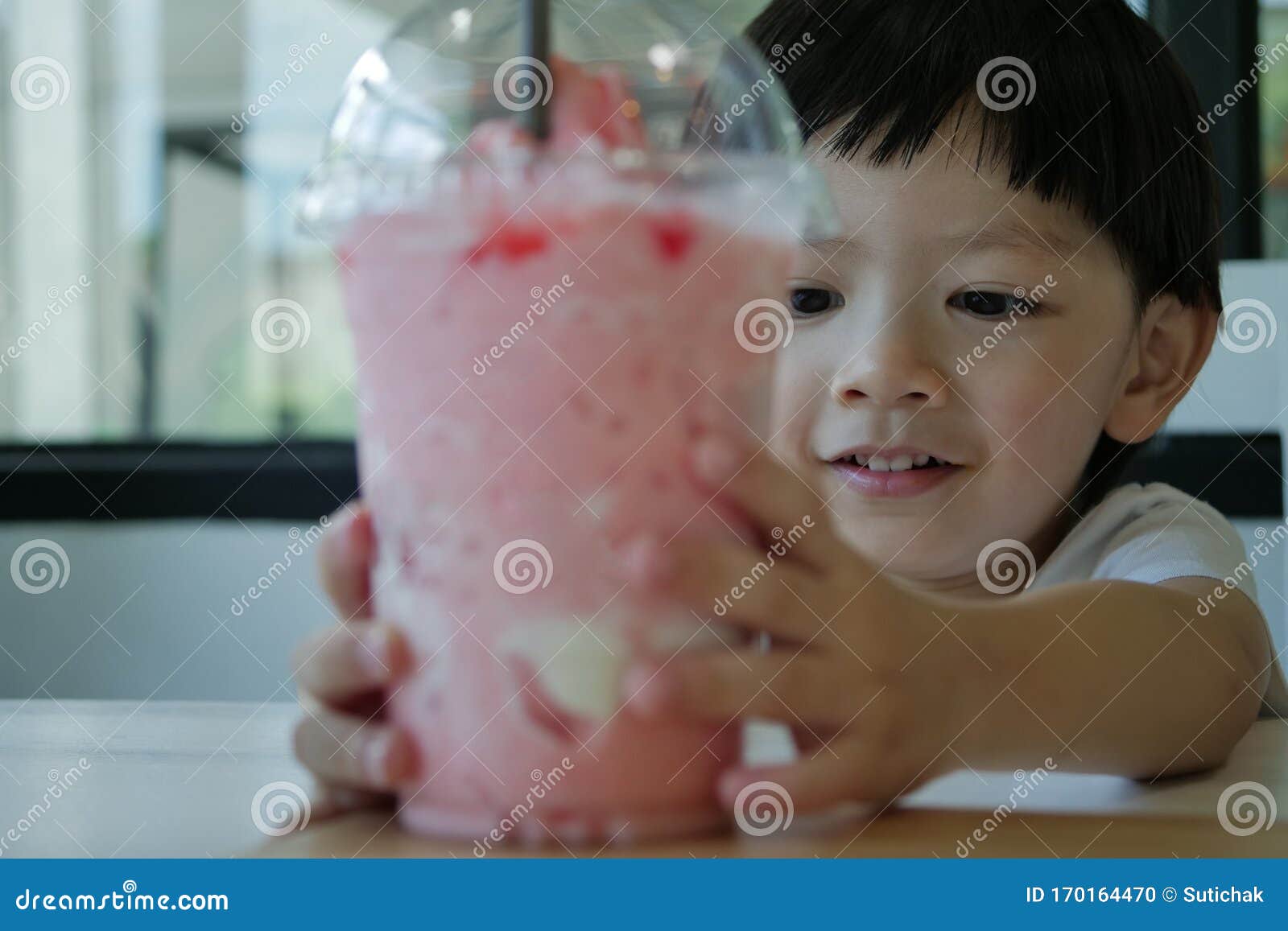 Happy Cute Boy Drink Strawberry Smoothie Fruit Stock Photo - Image of ...