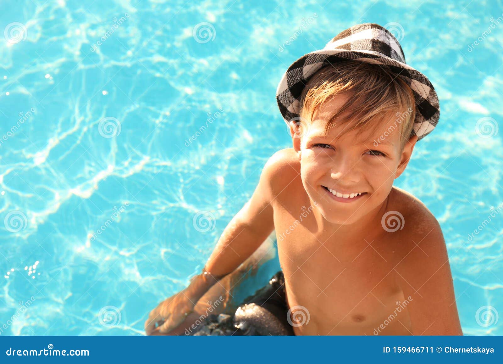 Happy cute boy with hat stock image. Image of pool, relax - 159466711